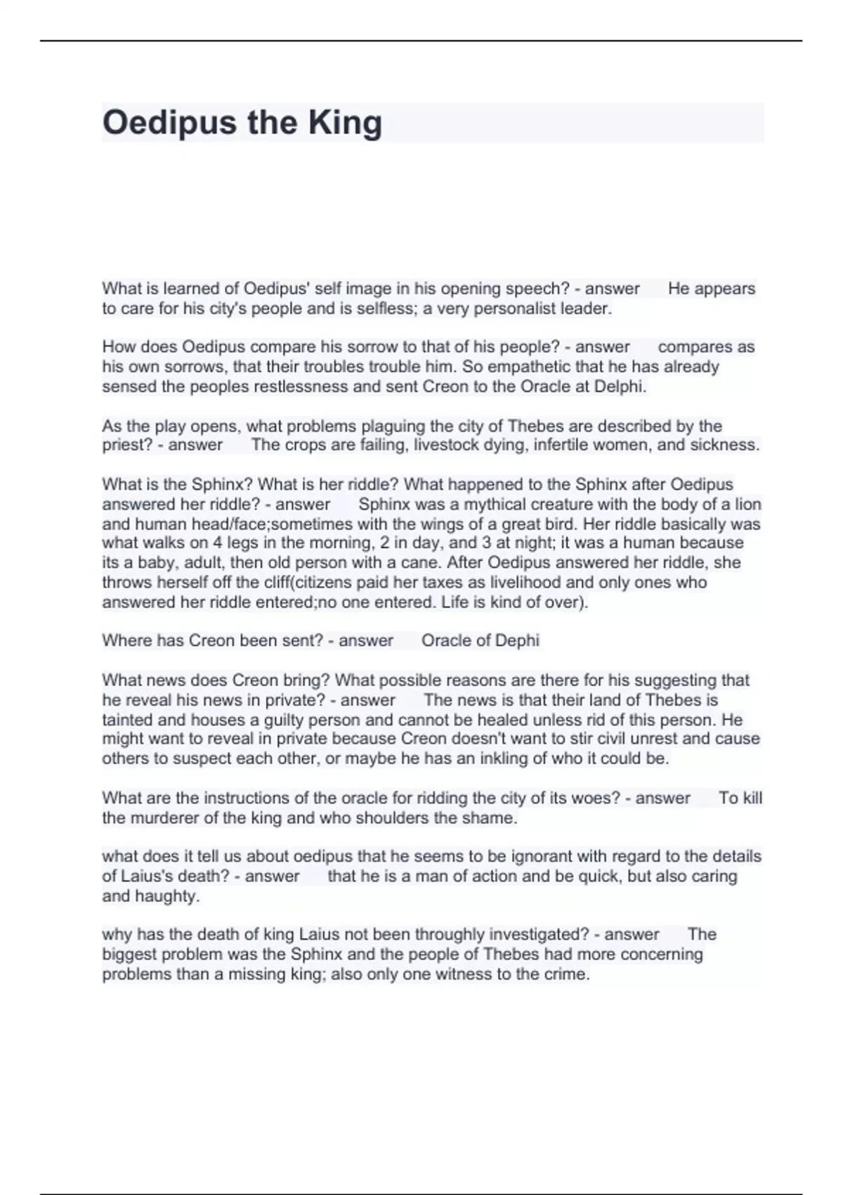 Oedipus the King Questions with correct Answers 2024 - Oedipus - Stuvia US