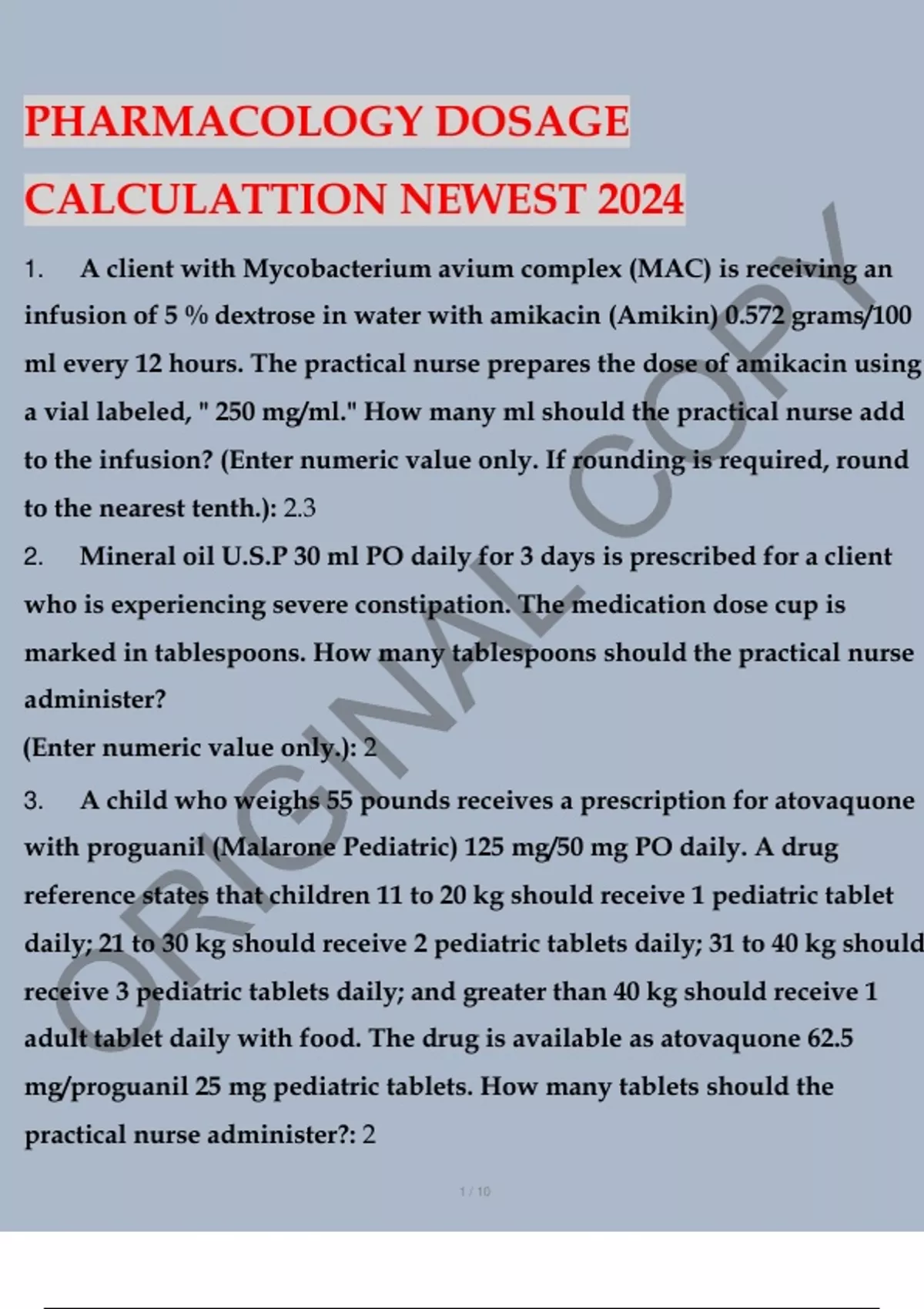 PHARMACOLOGY DOSAGE CALCULATION NEWEST 2024 - FCTC - Stuvia US