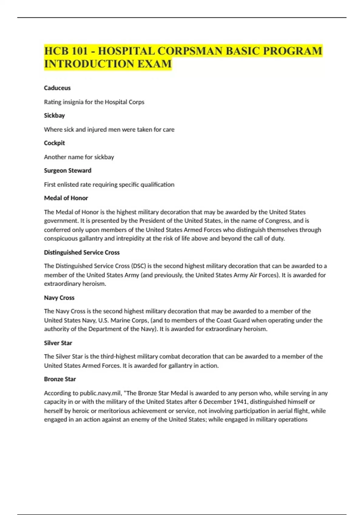 HCB 101 - HOSPITAL CORPSMAN BASIC PROGRAM INTRODUCTION EXAM - Navy ...