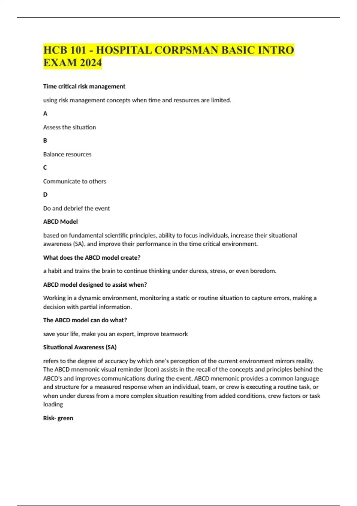 HCB 101 - HOSPITAL CORPSMAN BASIC INTRO EXAM 2024 - HCB 101 - HOSPITAL ...