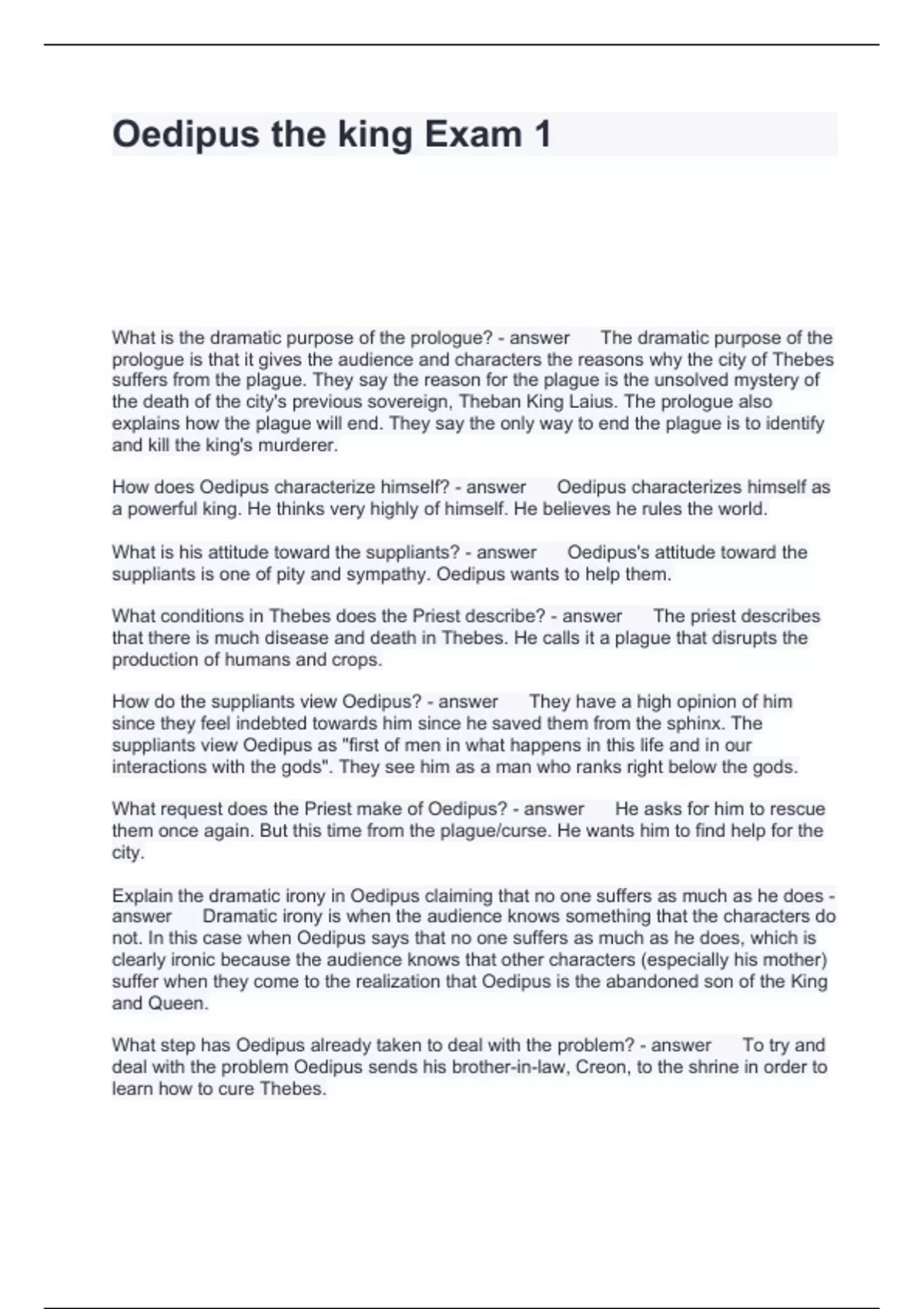 Oedipus the king Exam 1 Questions and Answers Fully solved 2024 ...