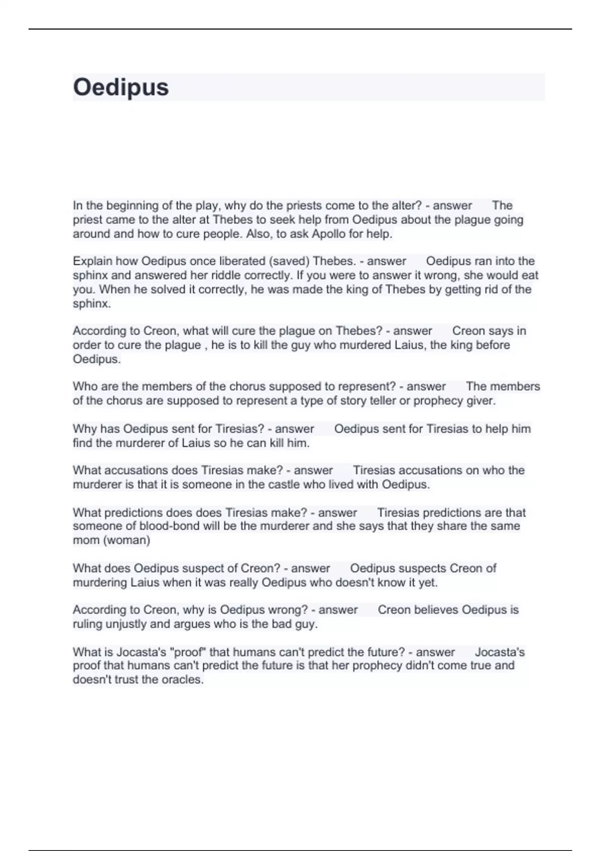 Oedipus Questions with solutions with solutions 2024 - Oedipus - Stuvia US