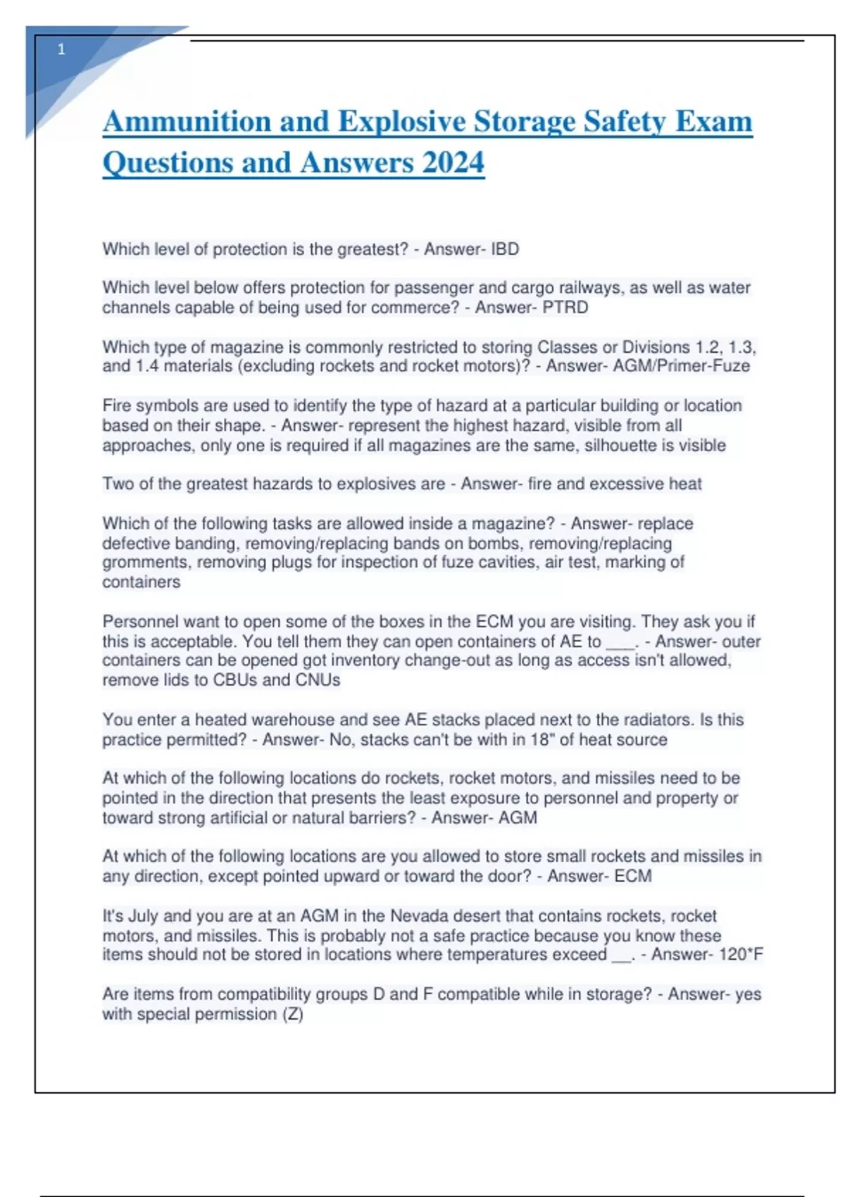 Ammunition and Explosive Storage Safety Exam Questions and Answers 2024 ...