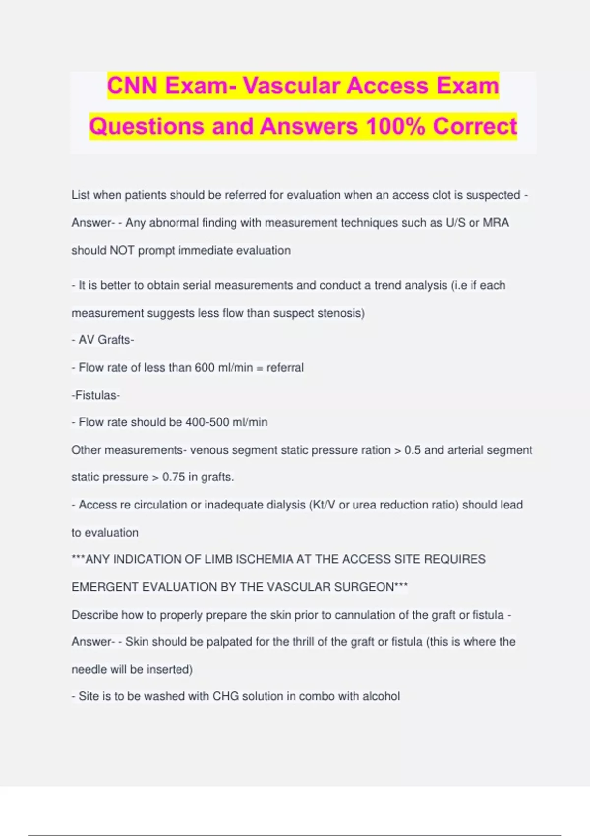 CNN Exam- Vascular Access Exam Questions and Answers 100% Correct - CNN ...