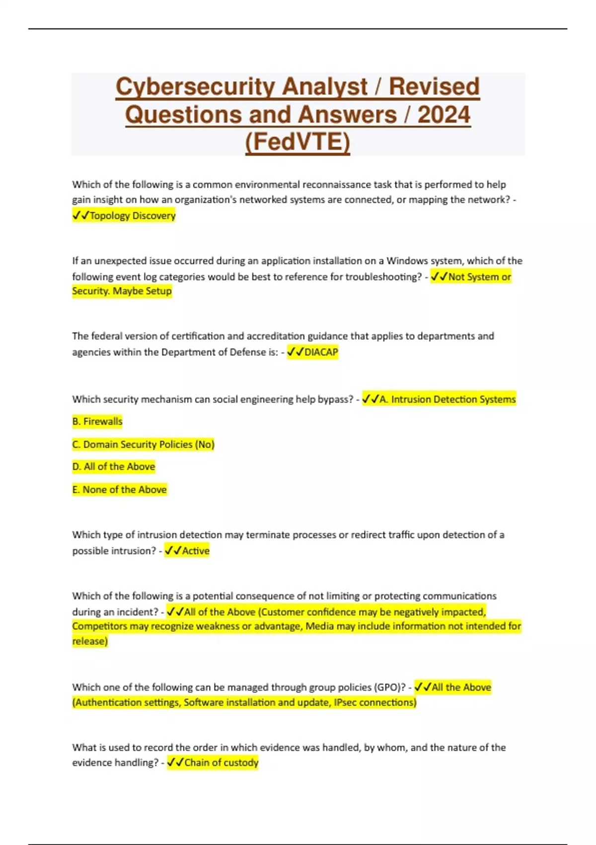 Cybersecurity Analyst / Revised Questions and Answers / 2024 (FedVTE ...