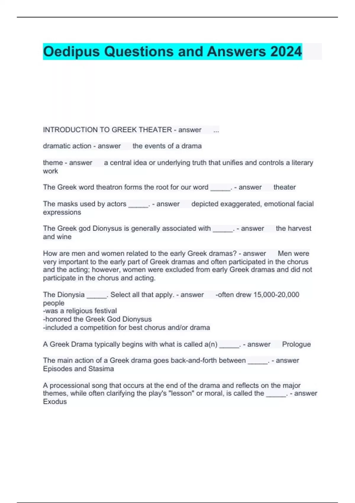 Oedipus Questions and Answers 2024 - Oedipus - Stuvia US