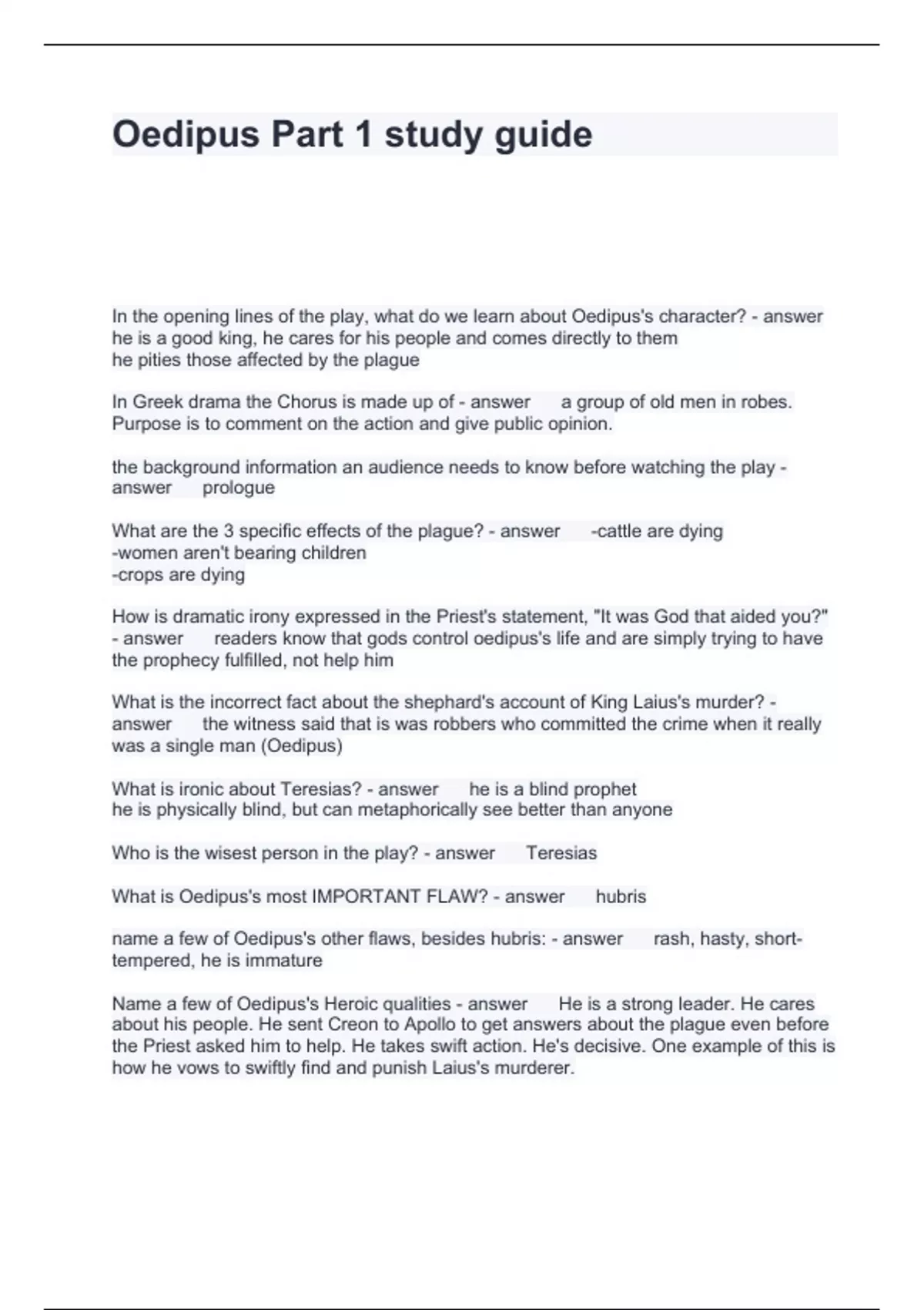 Oedipus Part 1 study guide Questions and Answers 2024 - Oedipus - Stuvia US