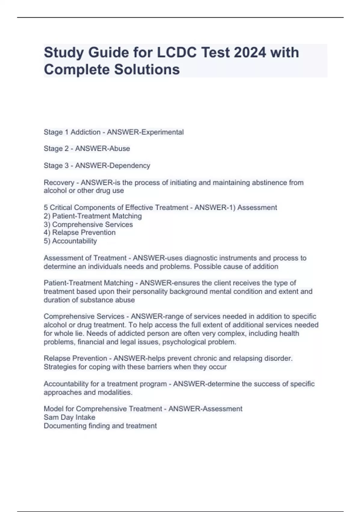 Study Guide for LCDC Test 2024 with Complete Solutions - LCDC - Stuvia US