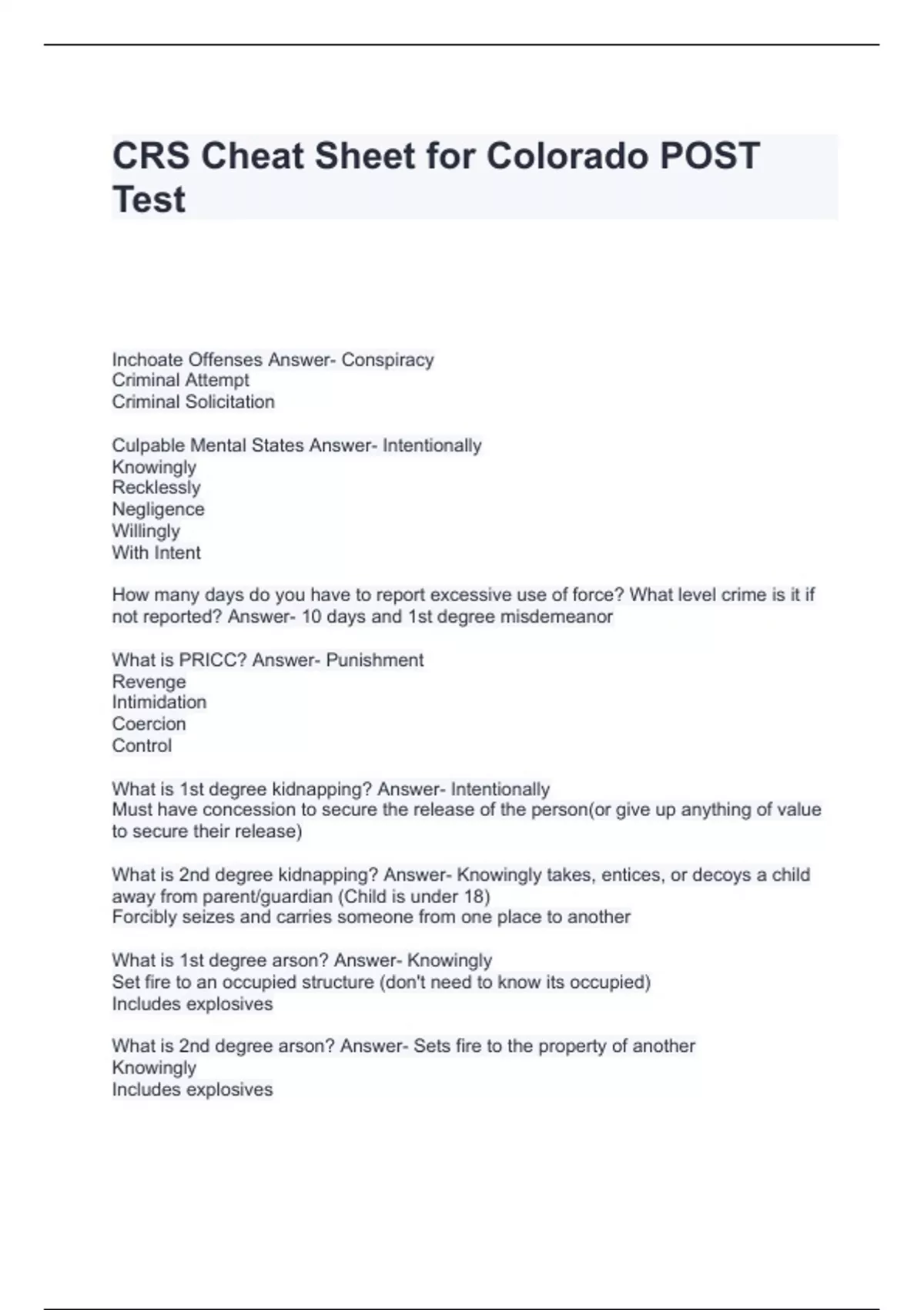 CRS Cheat Sheet for Colorado POST Test - COLORADO POST - Stuvia US