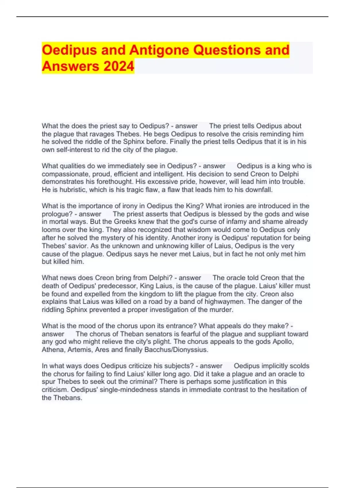 Oedipus and Antigone Questions and Answers 2024 - Oedipus - Stuvia US