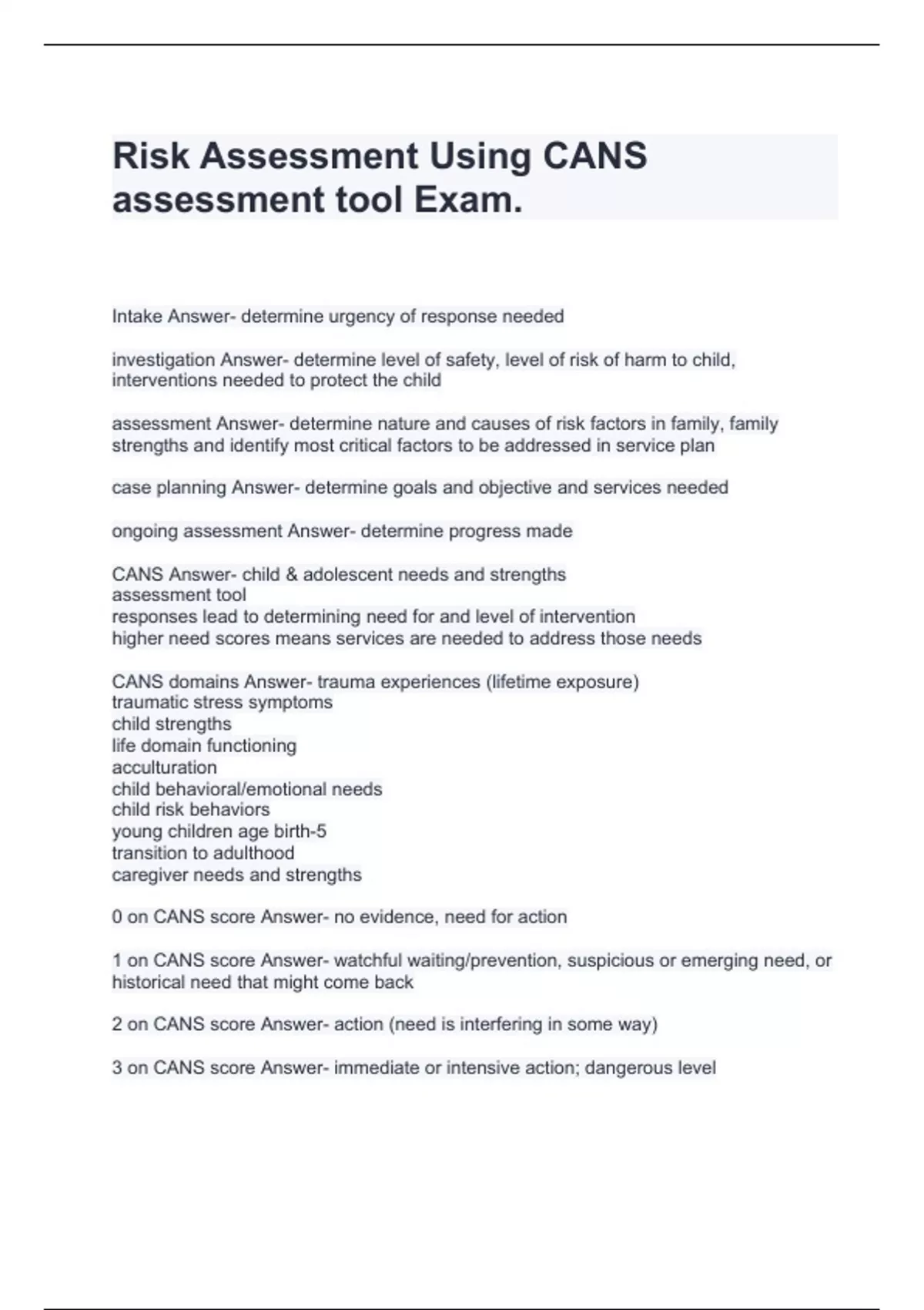 Risk Assessment Using CANS assessment tool Exam - Cans - Stuvia US