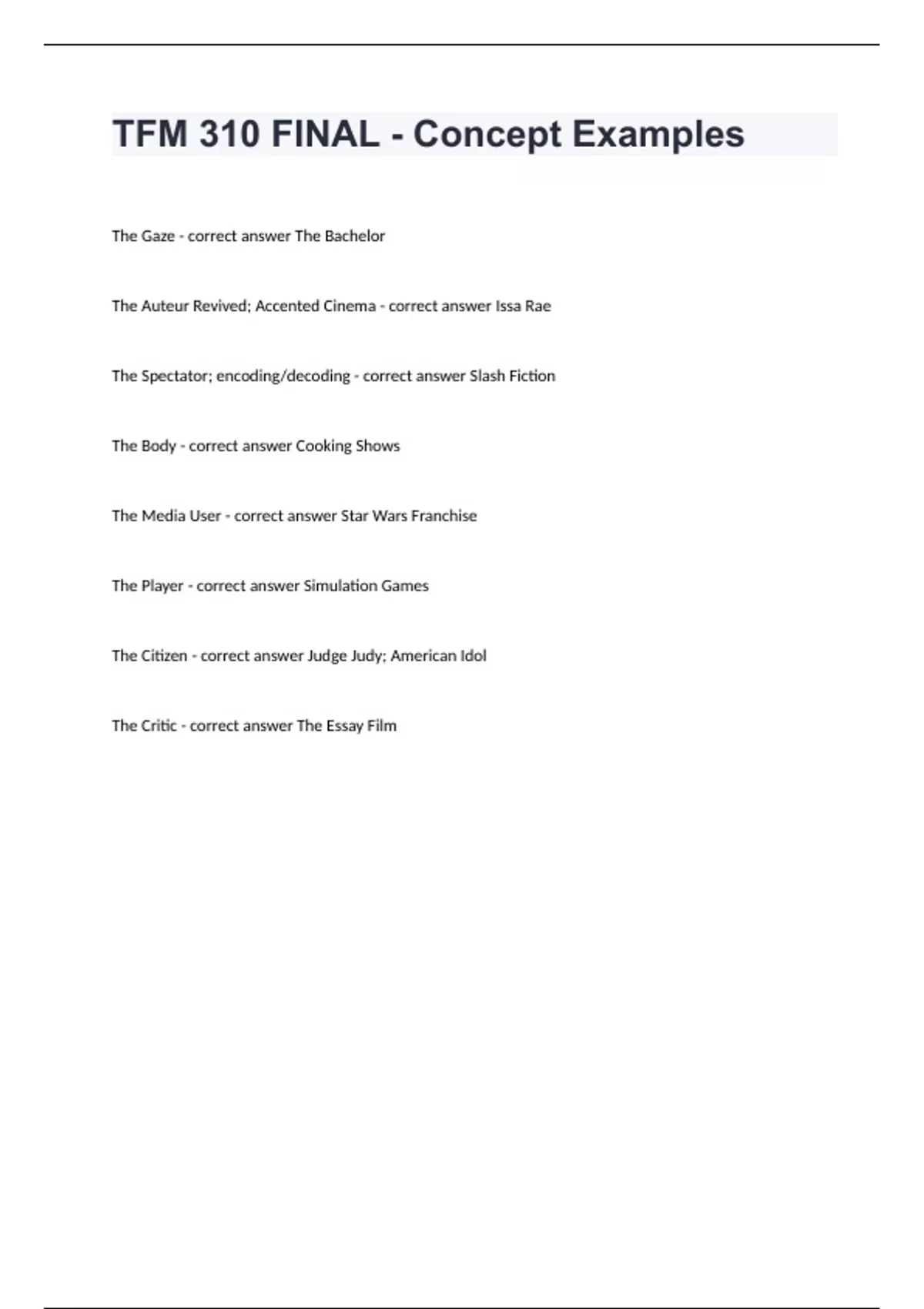 TFM 310 FINAL - Concept Examples questions with 100% correct answers ...