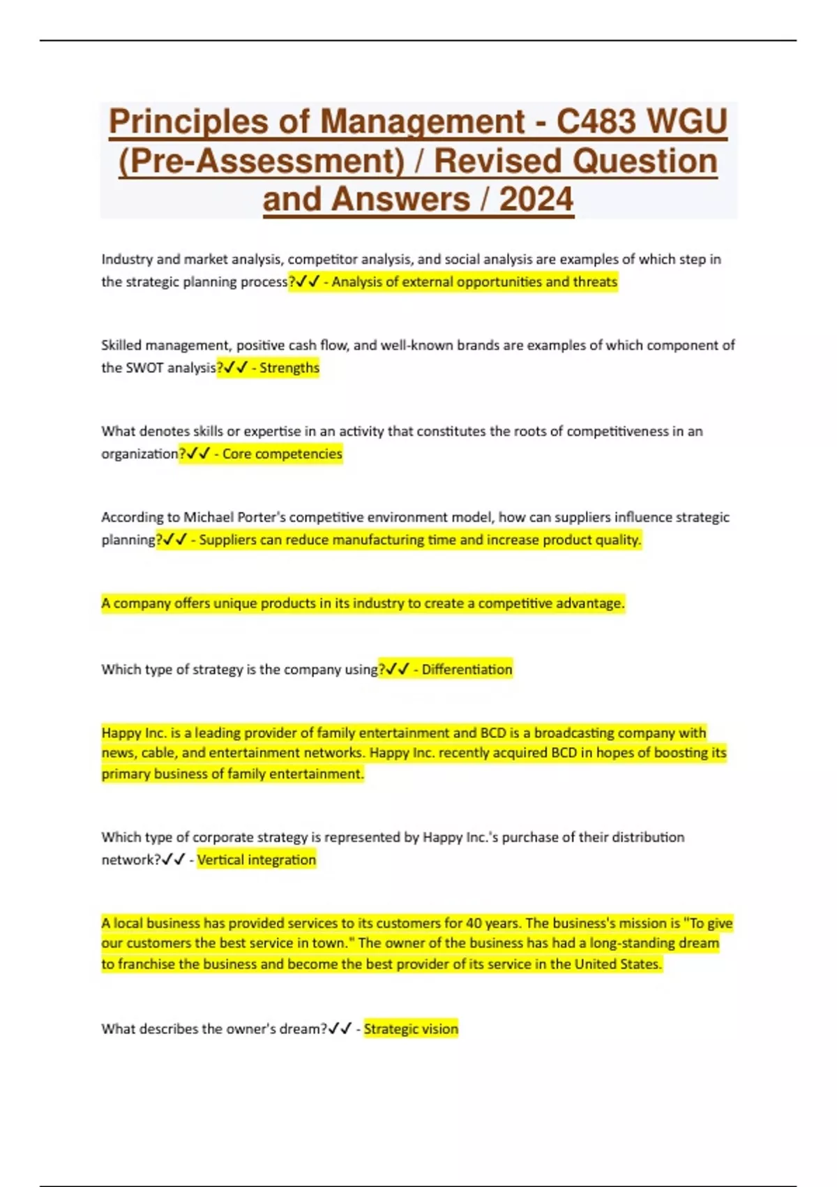 Principles of Management - C483 WGU (Pre-Assessment) / Revised Question ...
