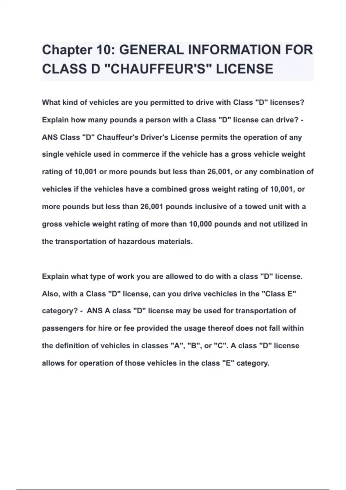 Chapter 10: GENERAL INFORMATION FOR CLASS D "CHAUFFEUR'S" LICENSE ...