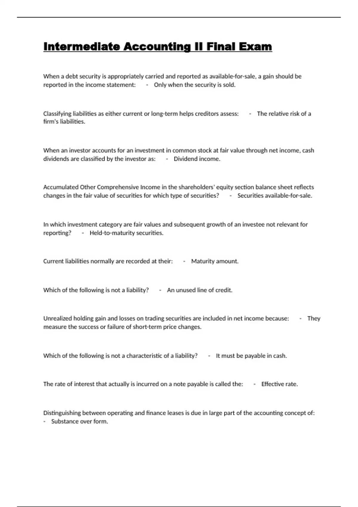 INTERMEDIATE ACCOUNTING II (FINAL REVIEW 2024 WITH COMPLETE SOLUTION ...