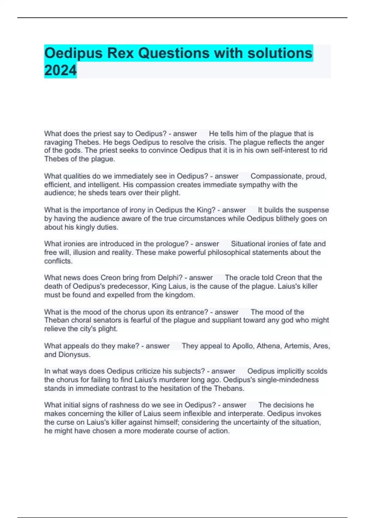 Oedipus Rex Questions with solutions 2024 - Oedipus - Stuvia UK