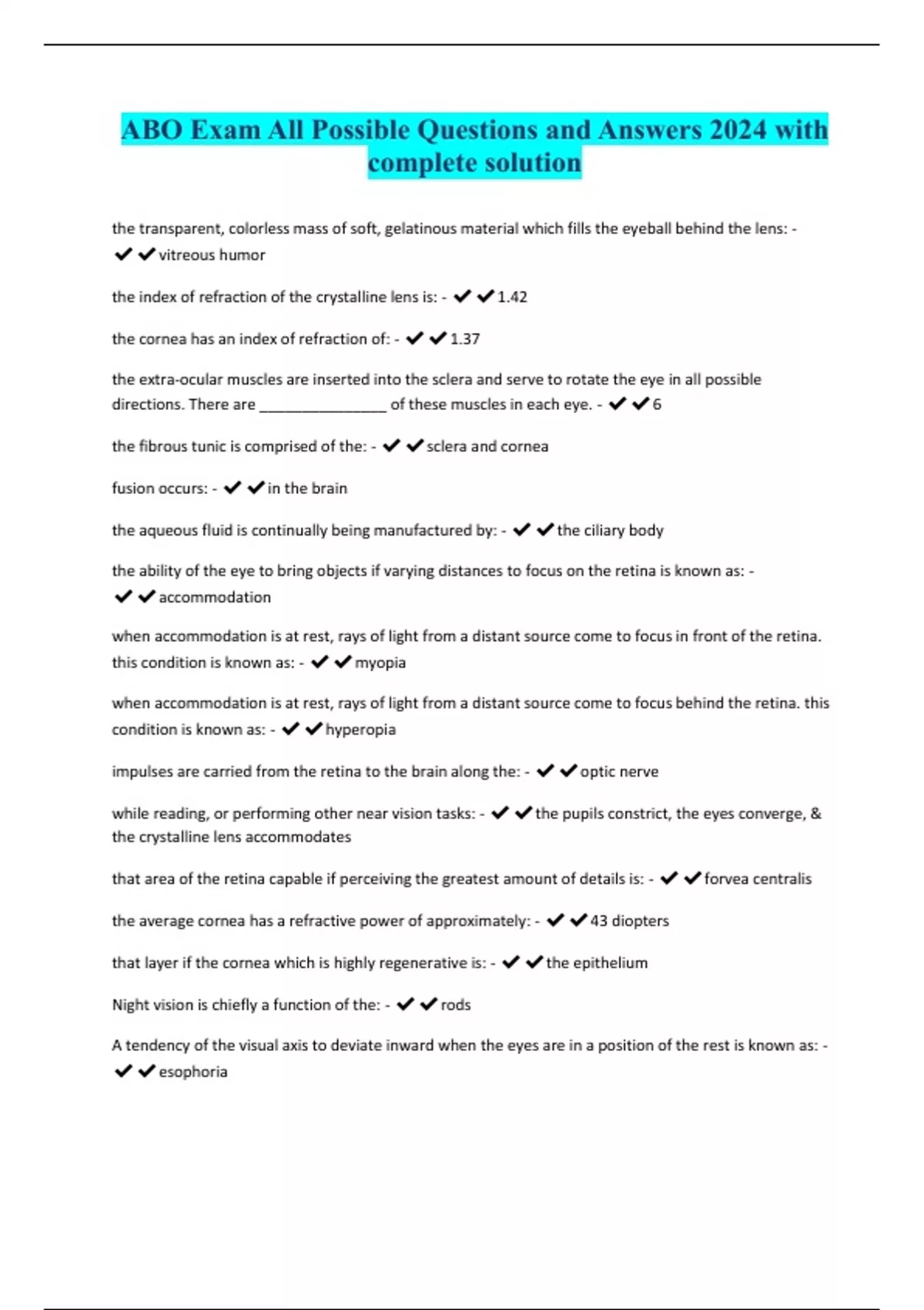 ABO Exam All Possible Questions and Answers 2024 with complete solution ...