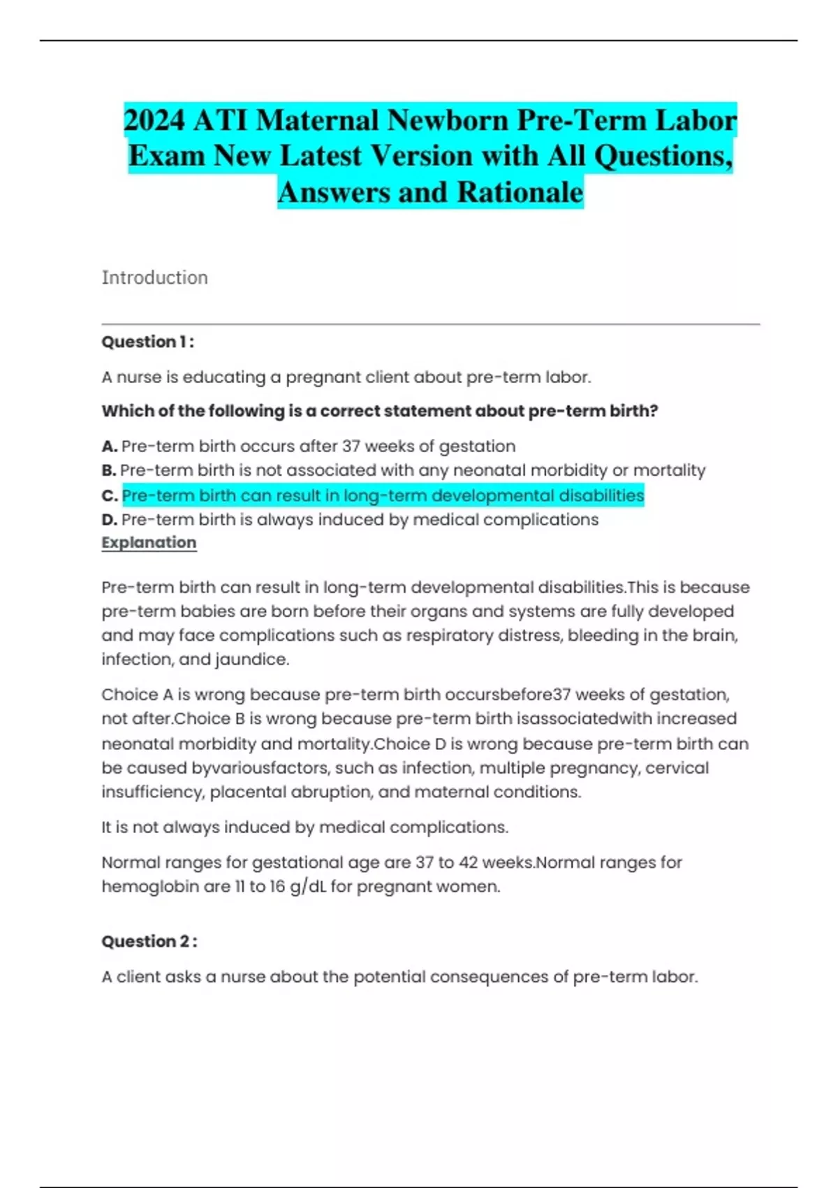 2024 ATI Maternal Newborn Pre-Term Labor Exam New Latest Version with ...