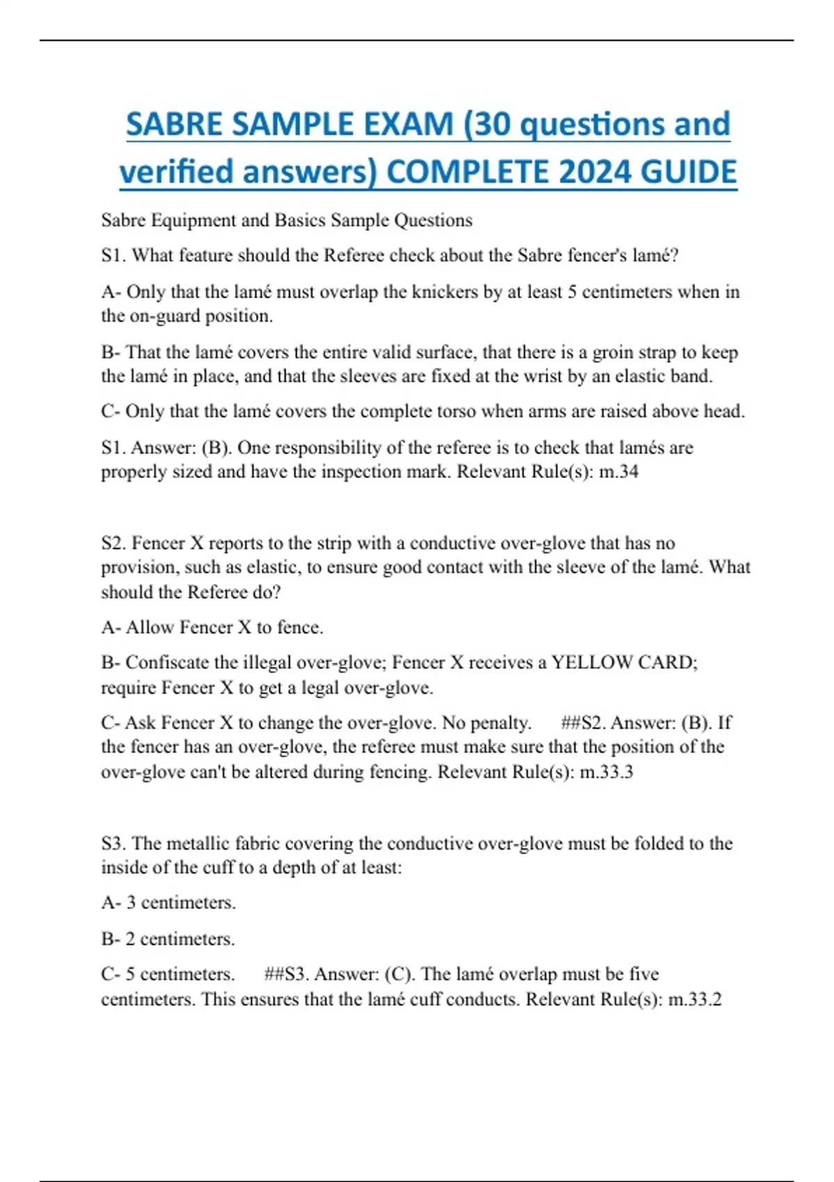 SABRE SAMPLE EXAM (30 questions and verified answers) COMPLETE 2024 ...