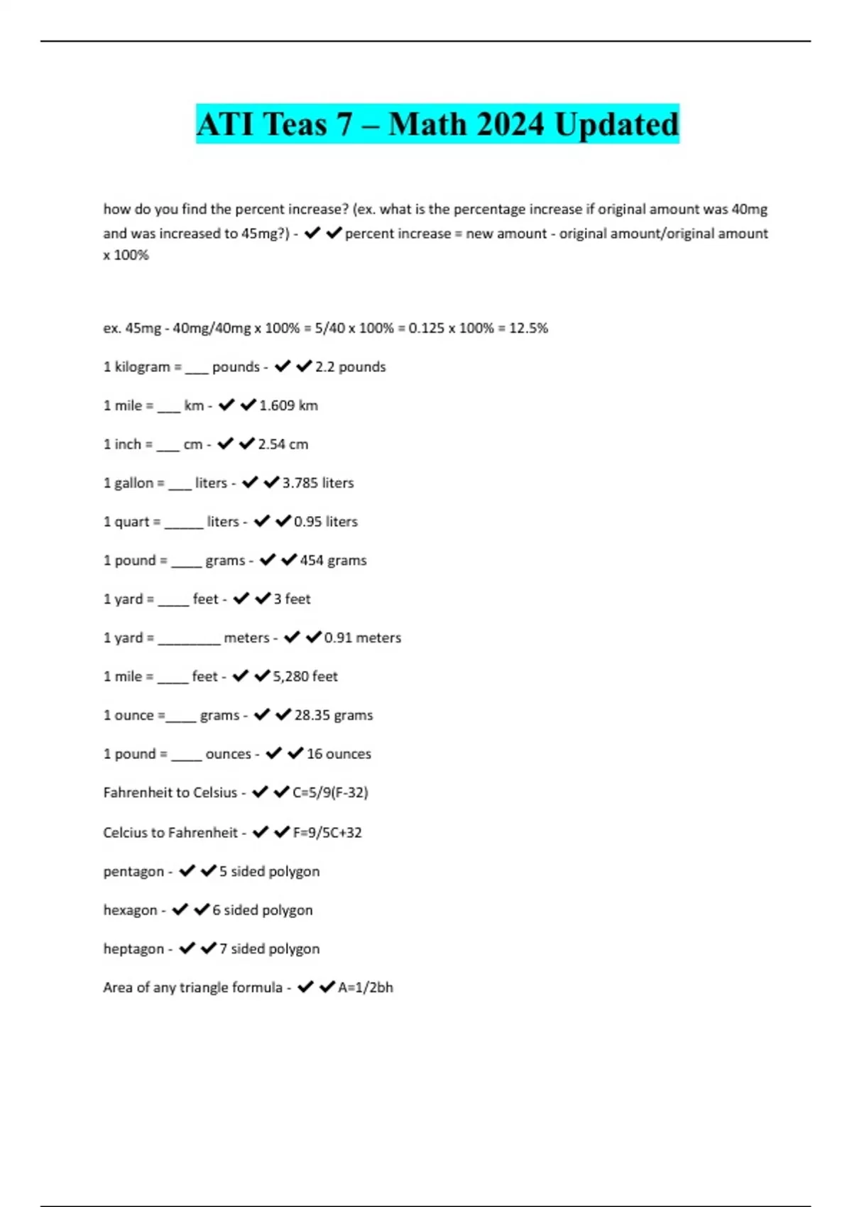 ATI Teas 7 – Math 2024 Updated - ATI Teas - Stuvia US