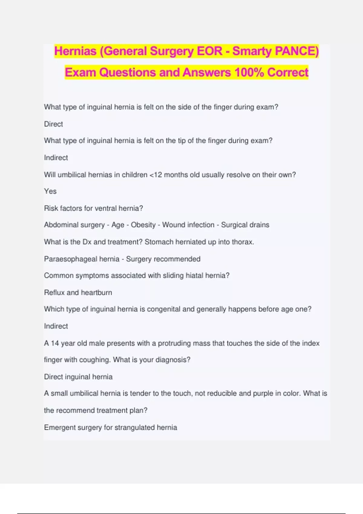 Hernias (General Surgery EOR - Smarty PANCE) Exam Questions and Answers ...