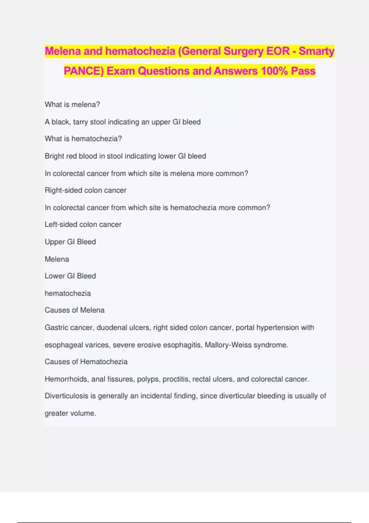 Melena and hematochezia (General Surgery EOR - Smarty PANCE) Exam ...