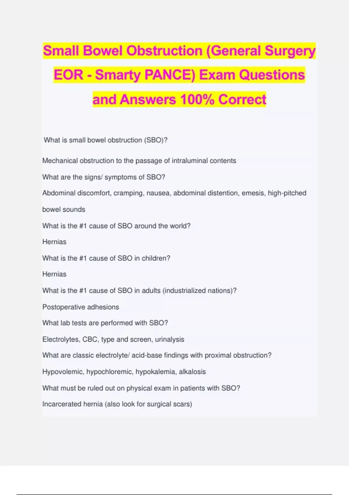 Small Bowel Obstruction (General Surgery EOR - Smarty PANCE) Exam ...