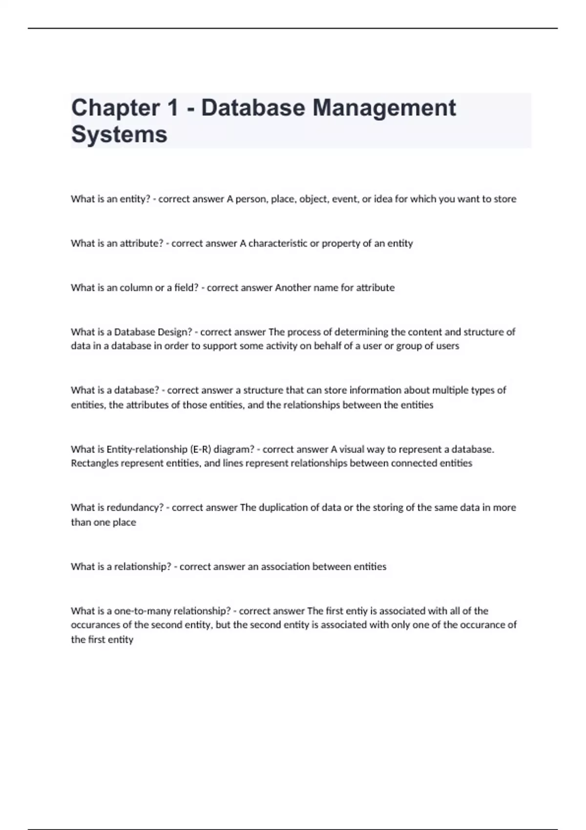 Chapter 1 - Database Management Systems Questions With Correct Answers 100% Verified. - DBMS ...