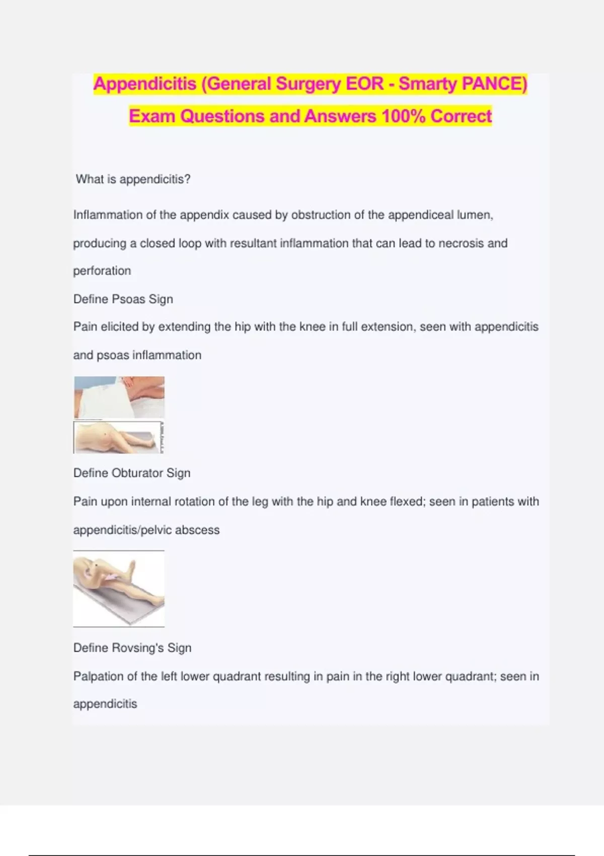 Appendicitis (General Surgery EOR - Smarty PANCE) Exam Questions and ...