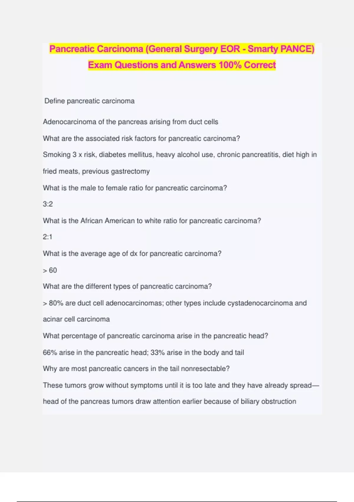 Pancreatic Carcinoma (General Surgery EOR - Smarty PANCE) Exam ...