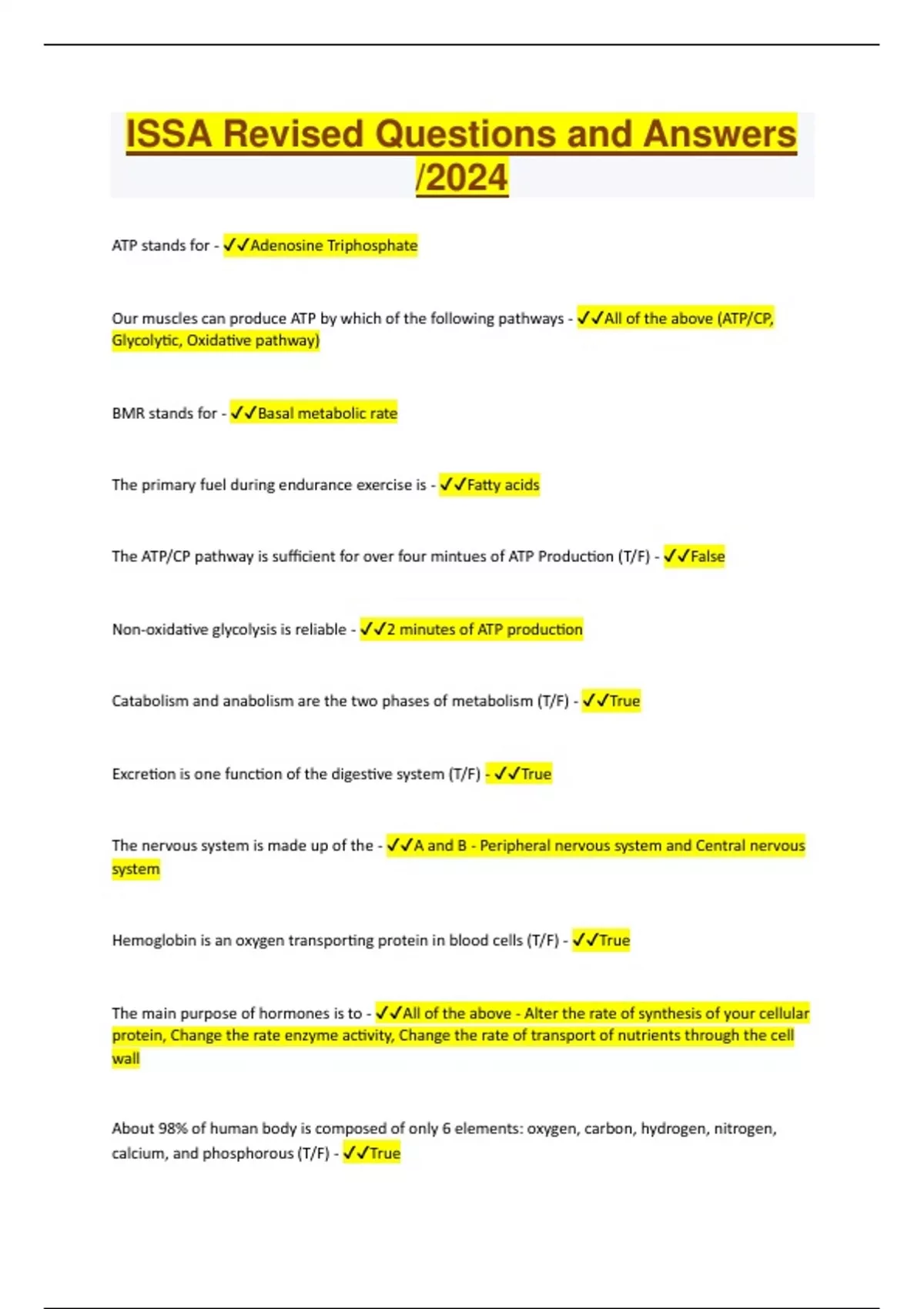 ISSA Revised Questions and Answers /2024 - Issa nutritionist - Stuvia US