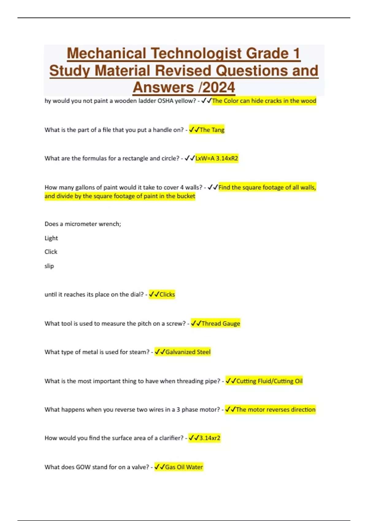 Mechanical Technologist Grade 1 Study Material Revised Questions and ...