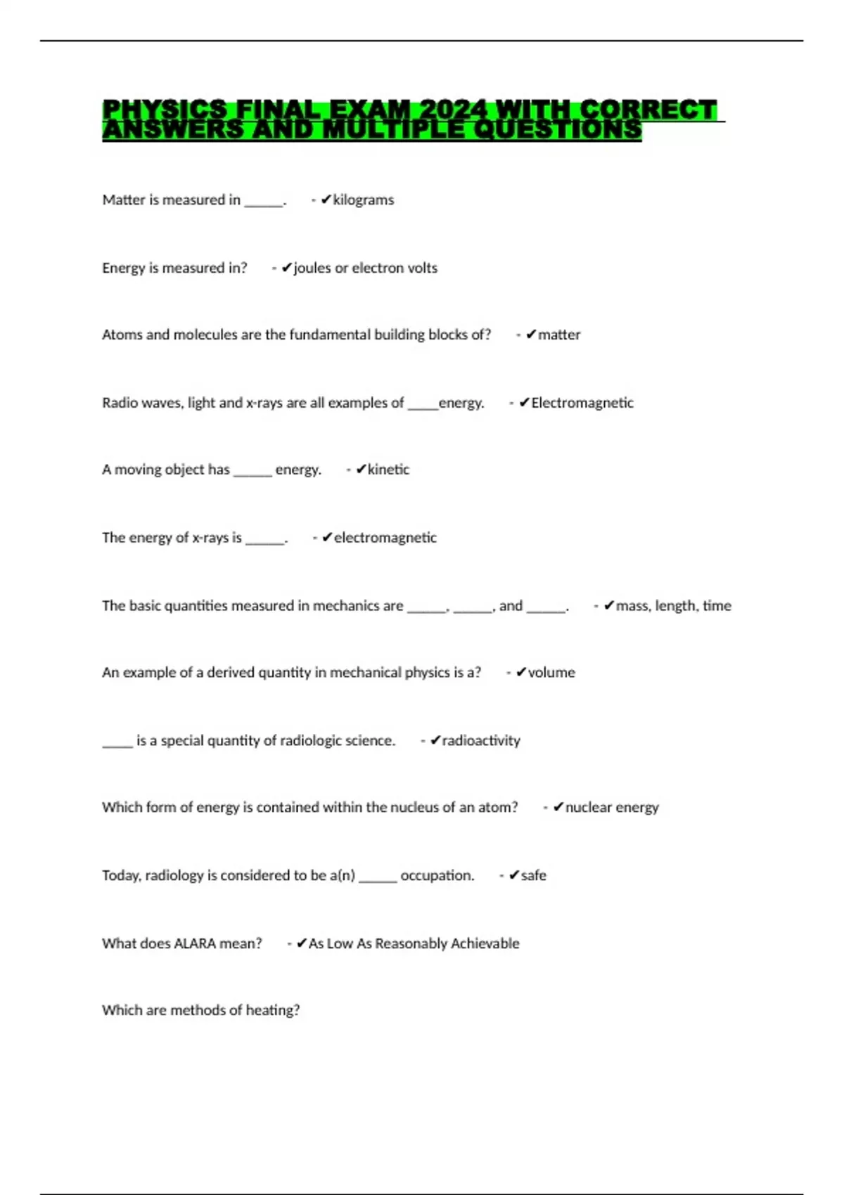 PHYSICS FINAL EXAM 2024 WITH CORRECT ANSWERS AND MULTIPLE QUESTIONS ...