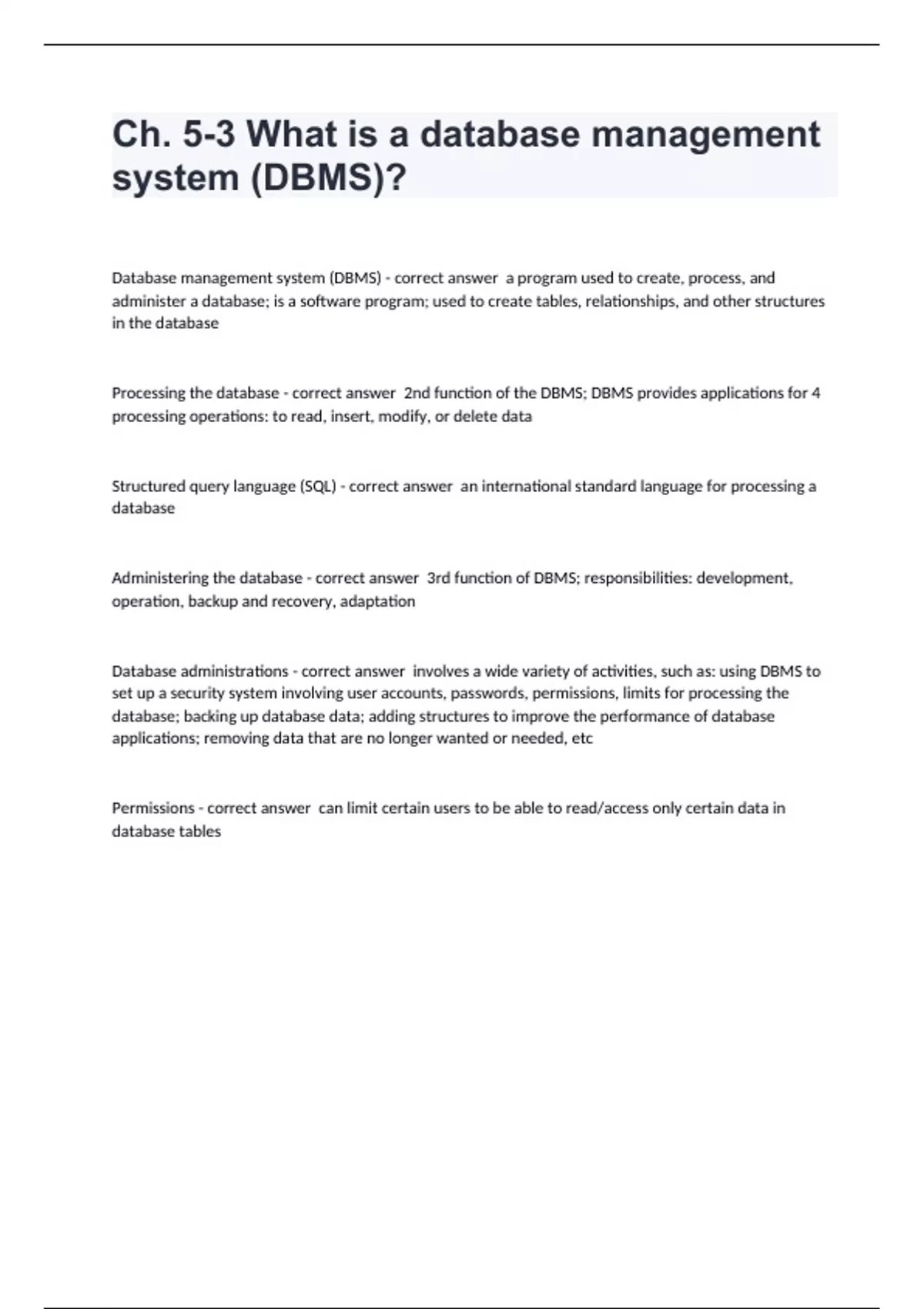 Ch. 5-3 What is a database management system (DBMS)? Question Fully Solved #Exam. - DBMS ...