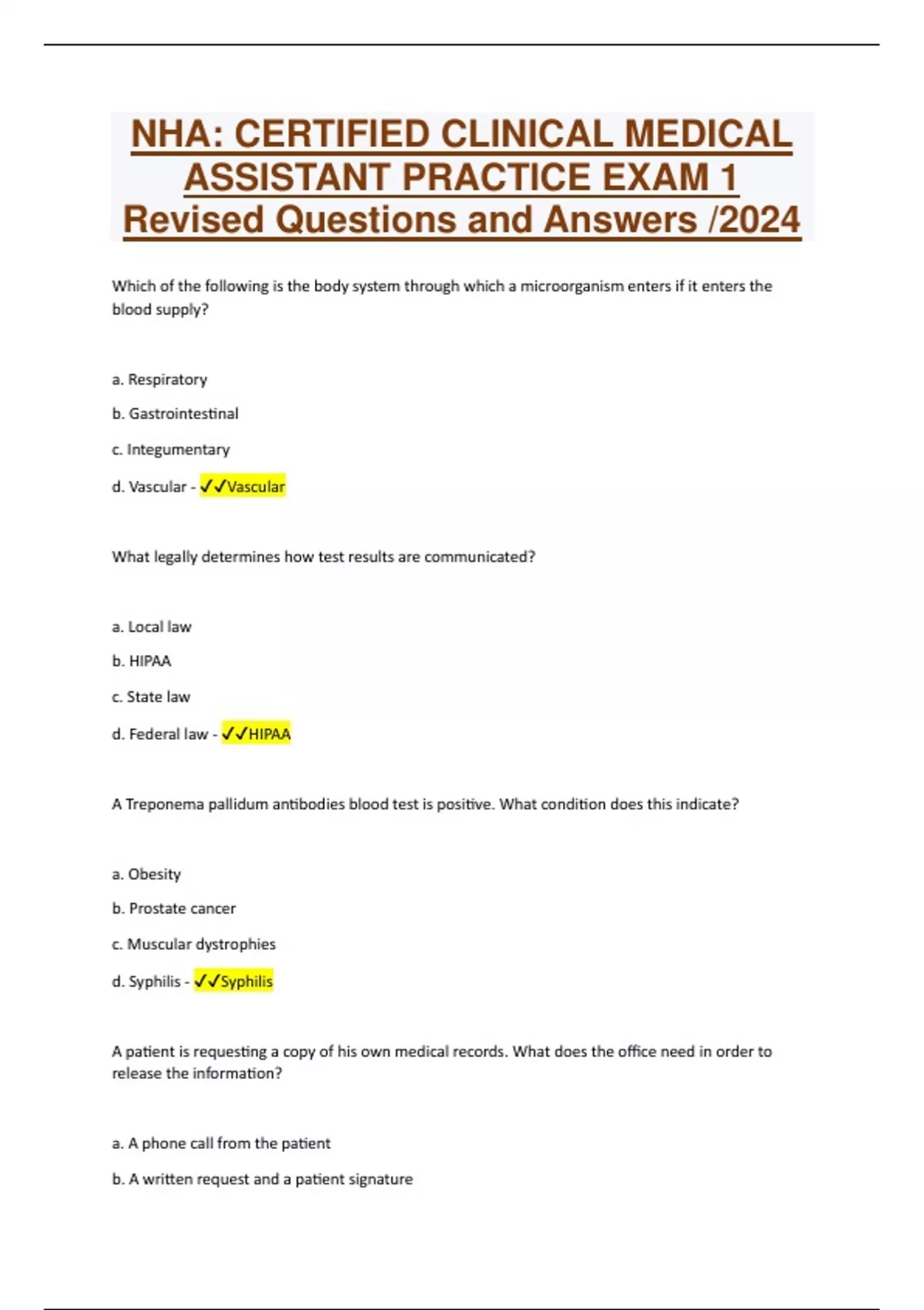 NHA: CERTIFIED CLINICAL MEDICAL ASSISTANT PRACTICE EXAM 1 Revised ...