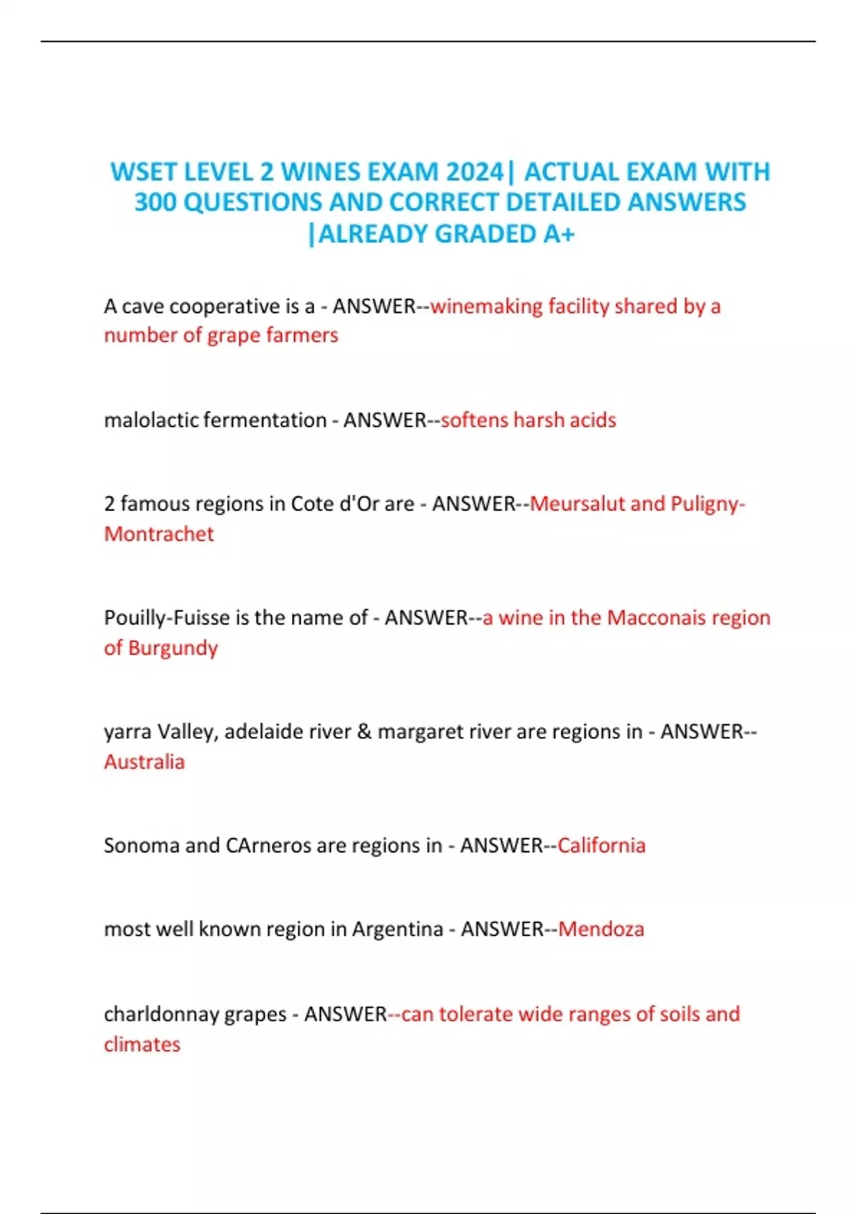 WSET LEVEL 2 WINES EXAM 2024| ACTUAL EXAM WITH 300 QUESTIONS AND CORRECT DETAILED ANSWERS ...