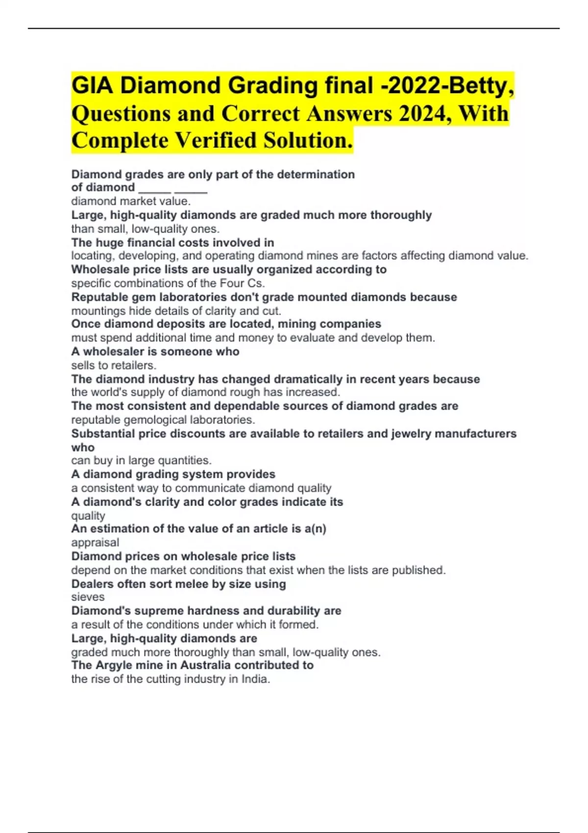 GIA Diamond Grading final -2022-Betty, Questions and Correct Answers ...