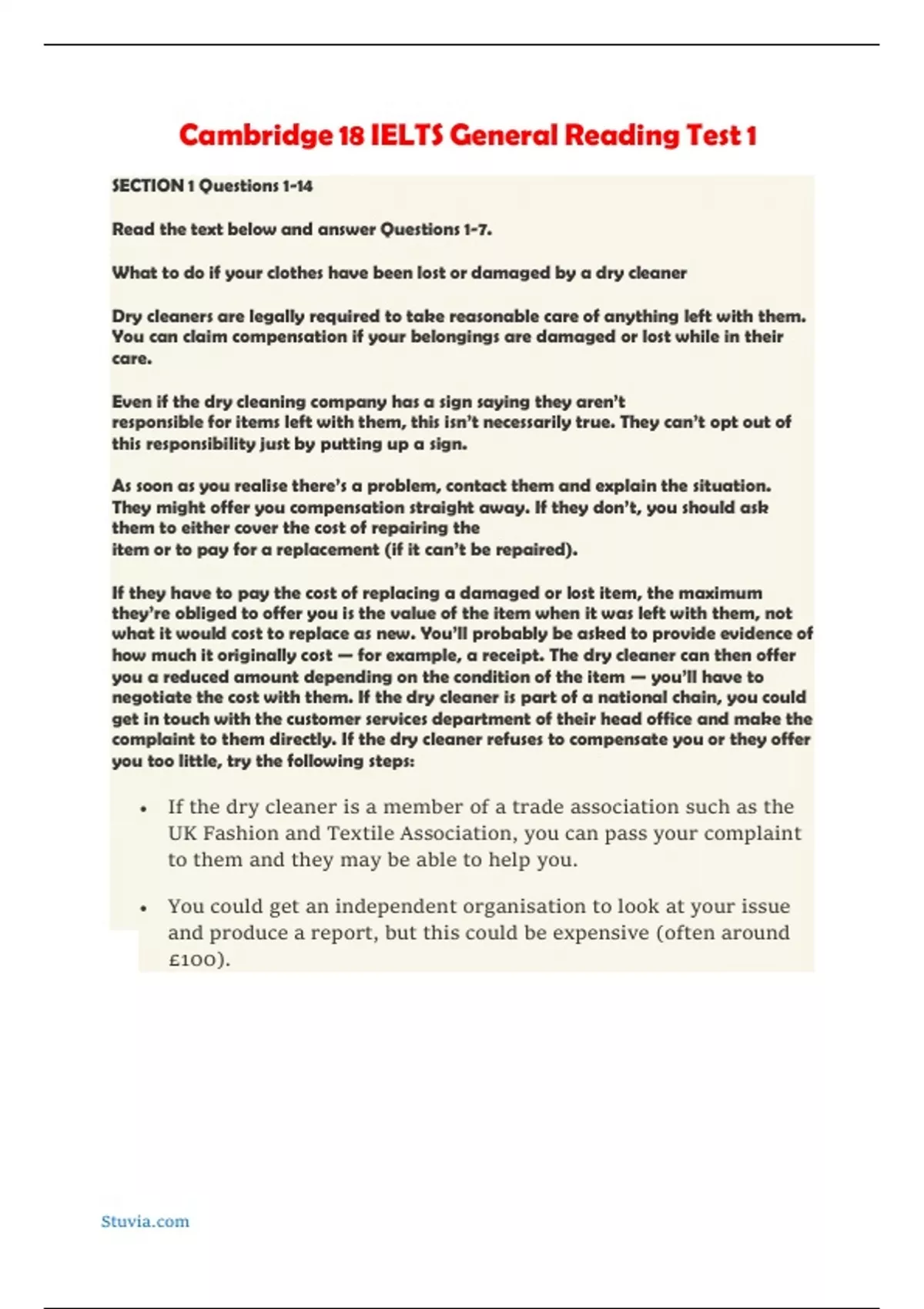Cambridge 18 IELTS General Reading Test 1 - ENG789 - Stuvia US
