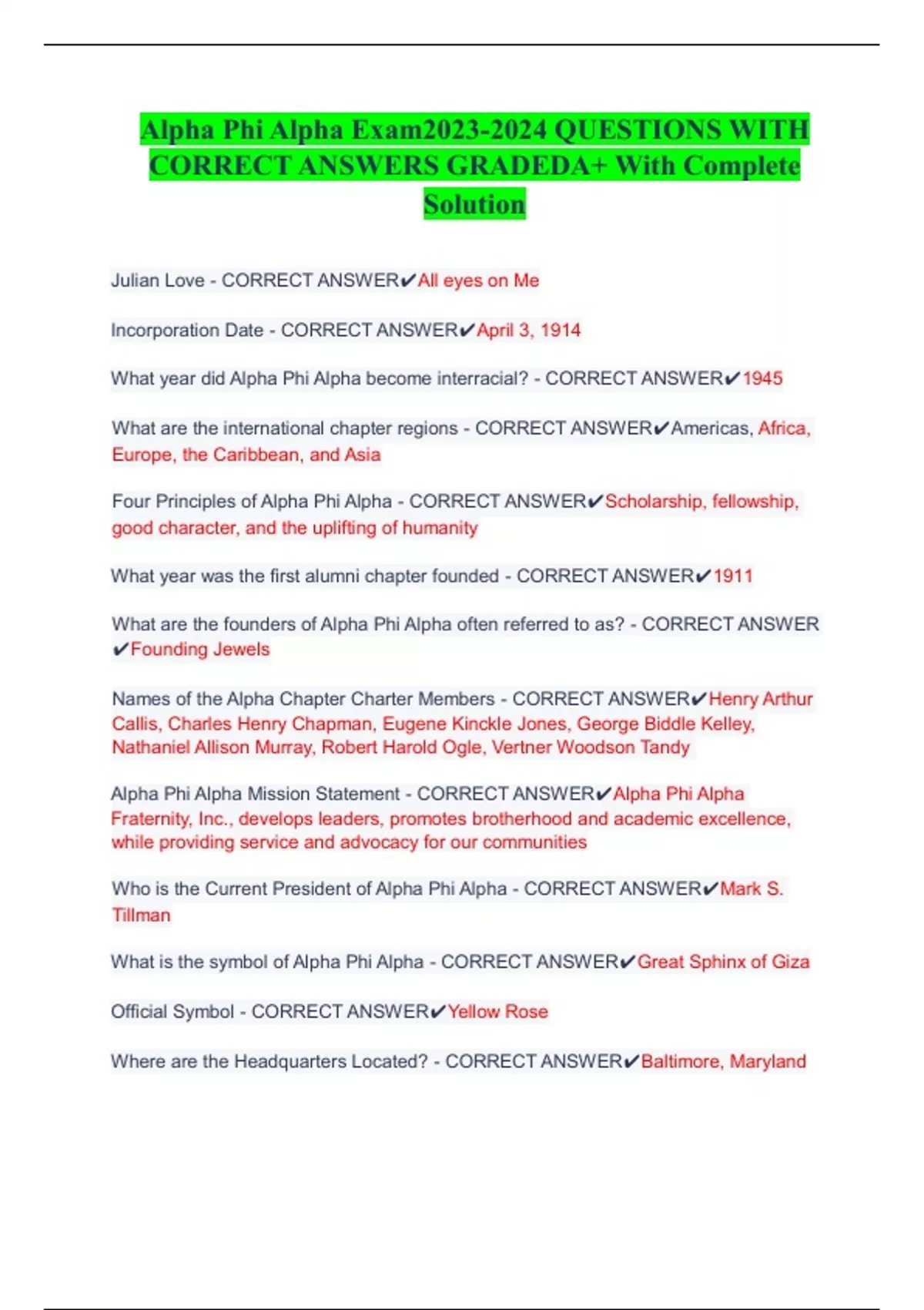 Alpha Phi Alpha Exam QUESTIONS WITH CORRECT ANSWERS GRADEDA+ With ...