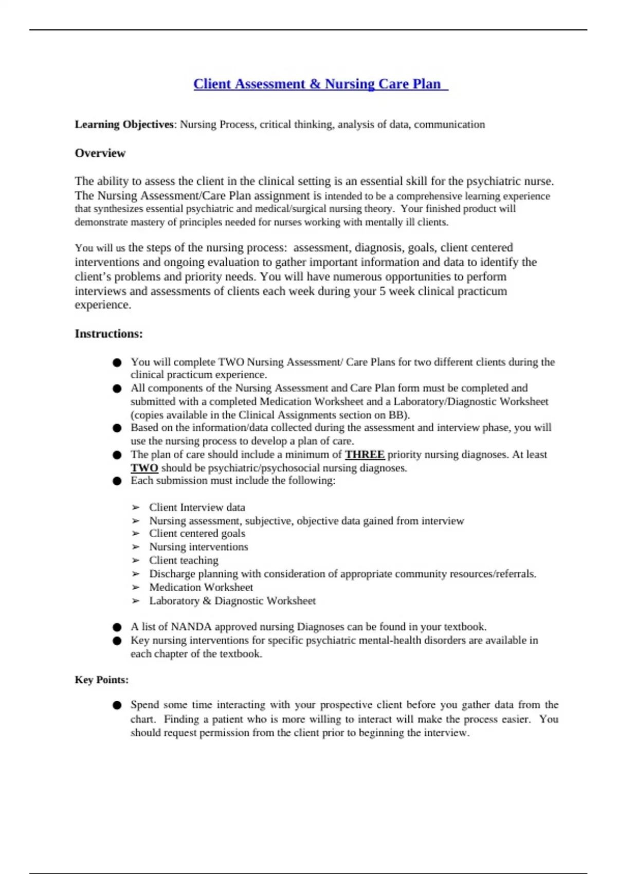 NURS 3116 Client Assessment & Nursing Care Plan Walden 2024 - NURS 3116 ...