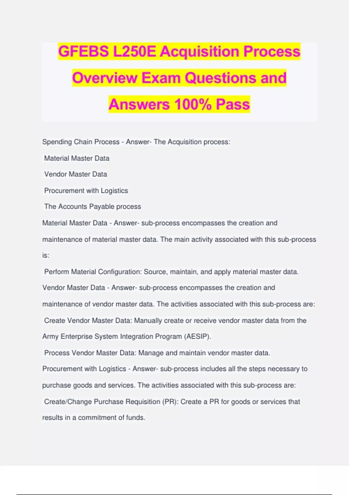 GFEBS L250E Acquisition Process Overview Exam Questions and Answers 100 ...