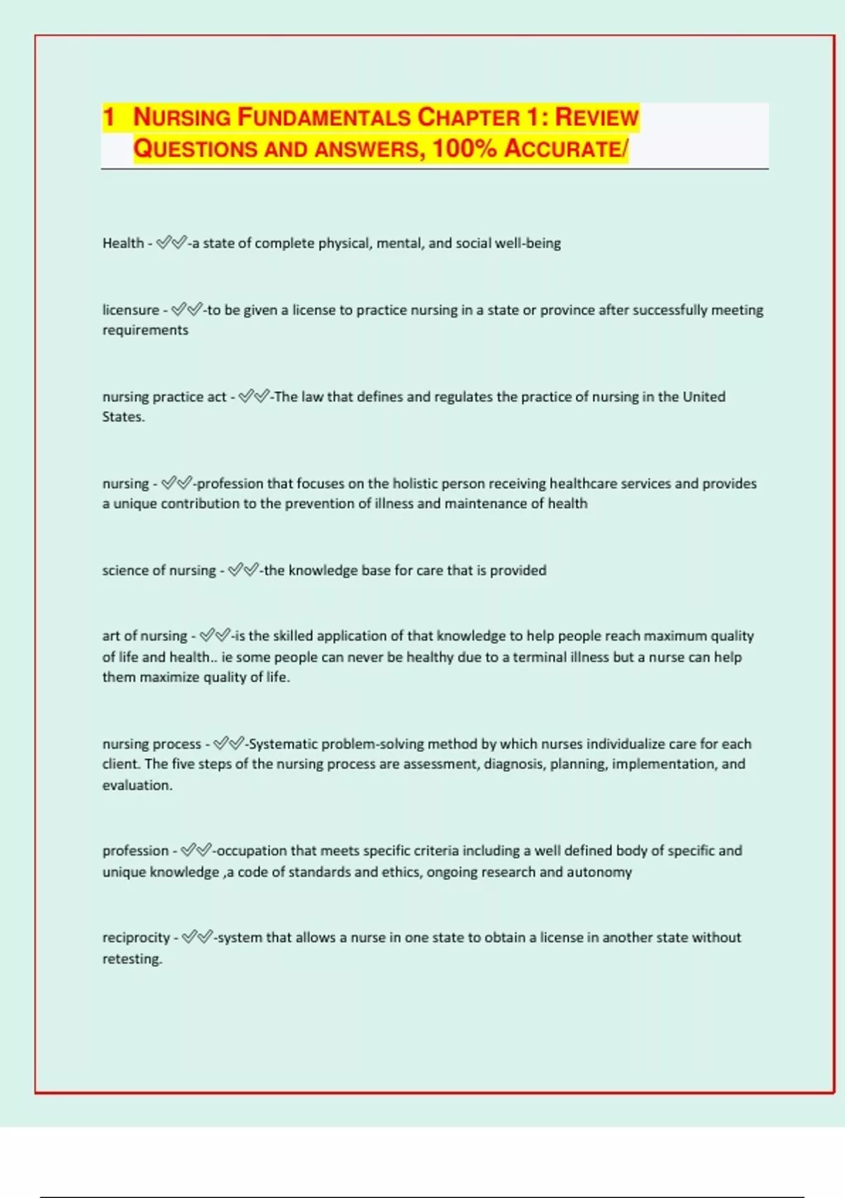 1 NURSING FUNDAMENTALS CHAPTER 1: REVIEW QUESTIONS AND ANSWERS, 100% ...