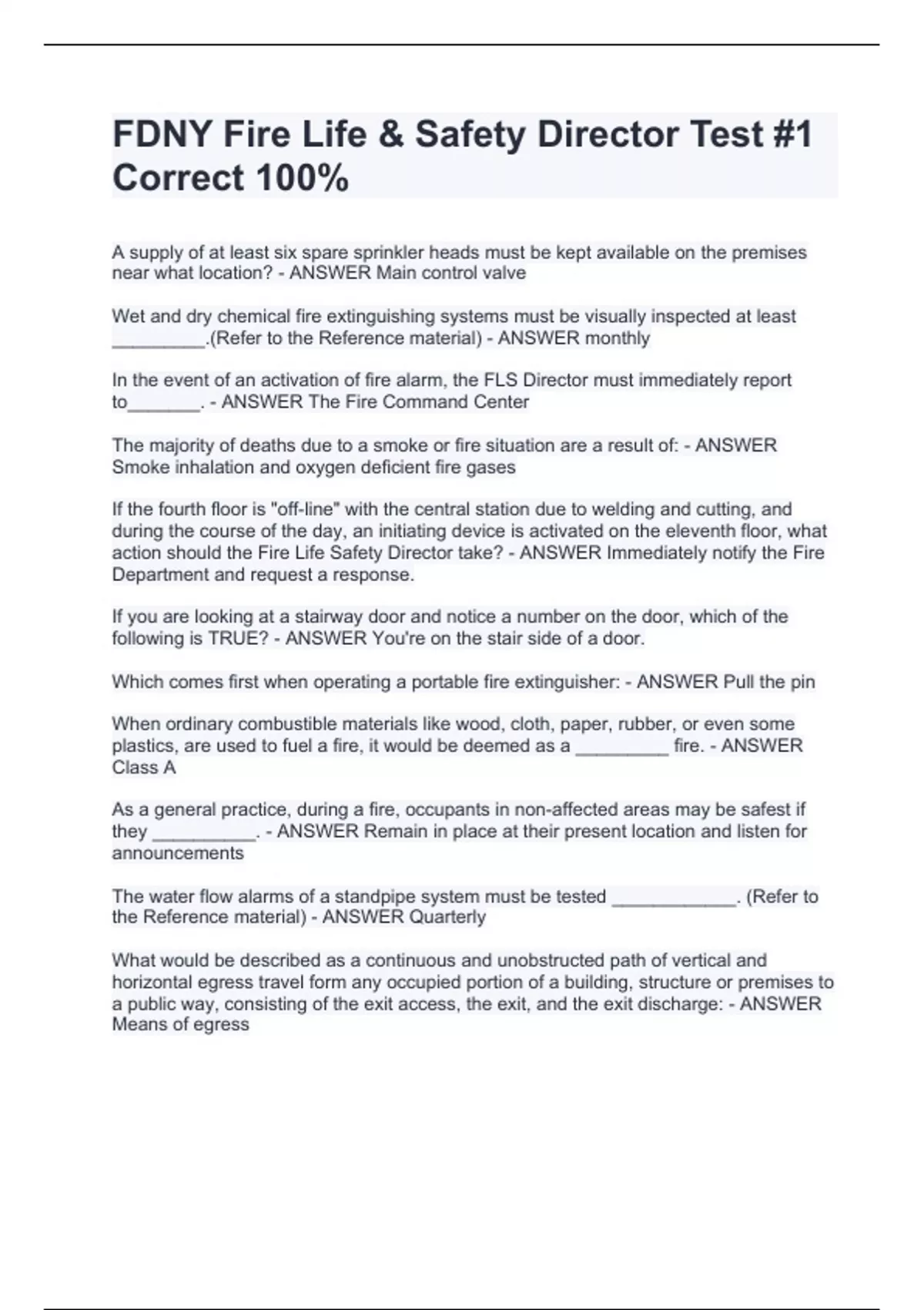 FDNY Fire Life & Safety Director Test #1 Correct 100% - NYC FSD - Stuvia US