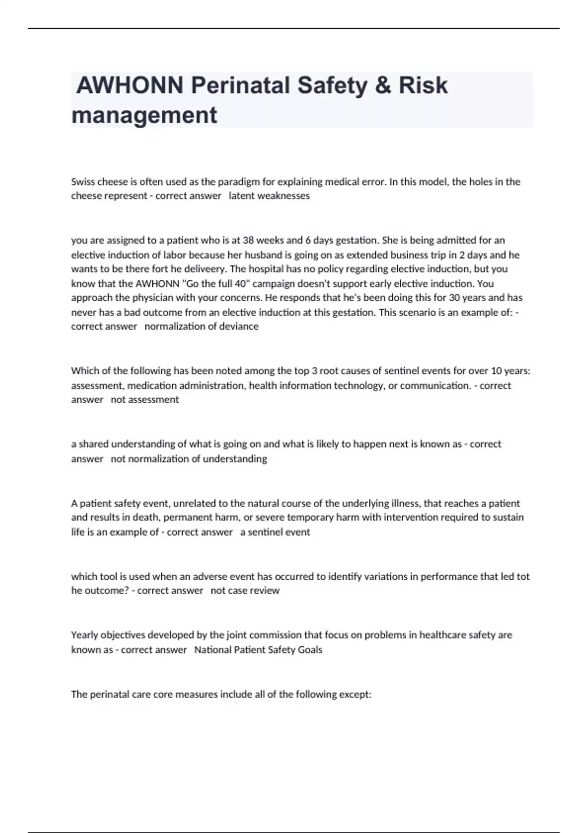 AWHONN Perinatal Safety & Risk management Question With Explanations Of ...