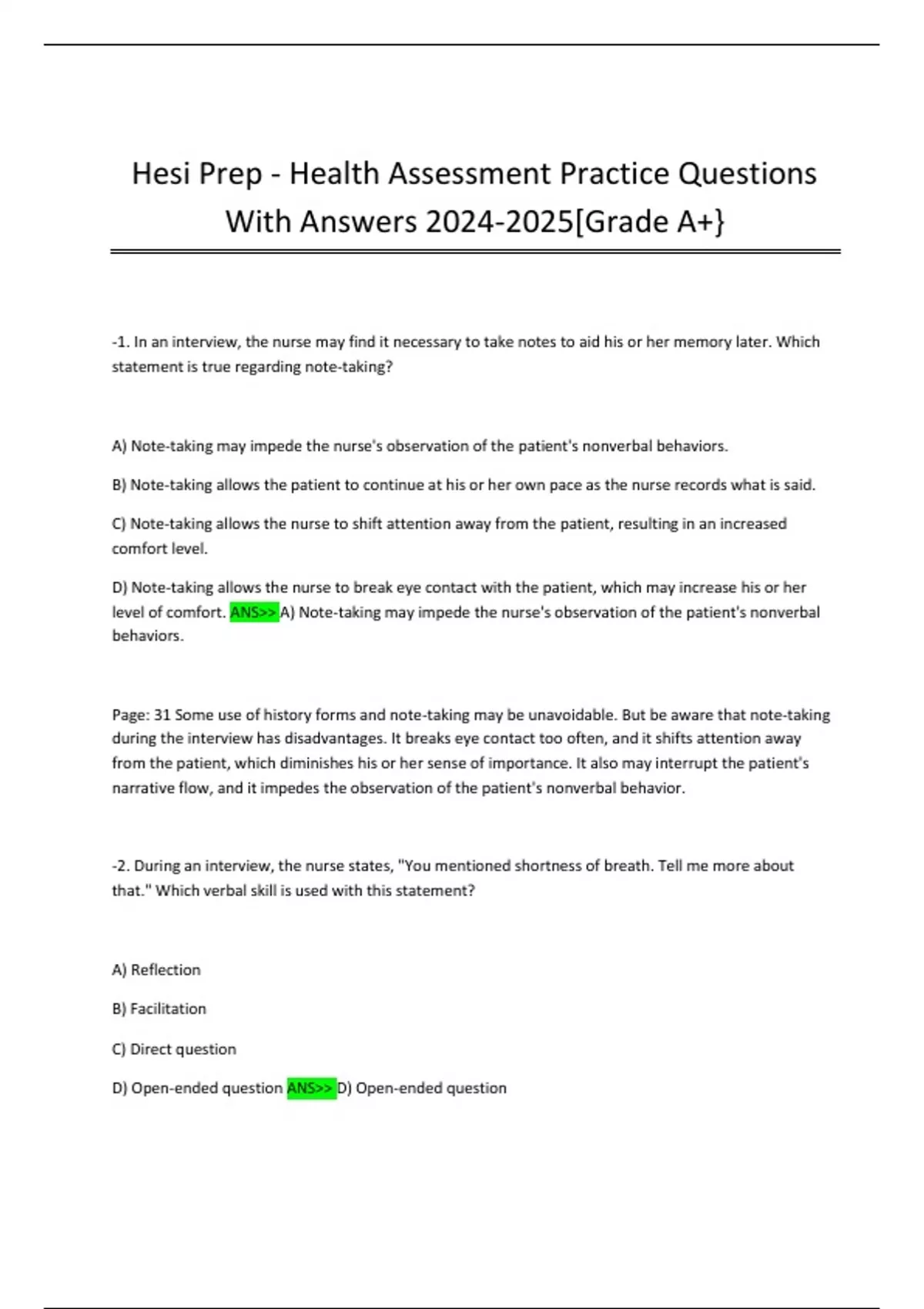 Hesi Prep - Health Assessment Practice Questions With Answers [Grade A+ ...