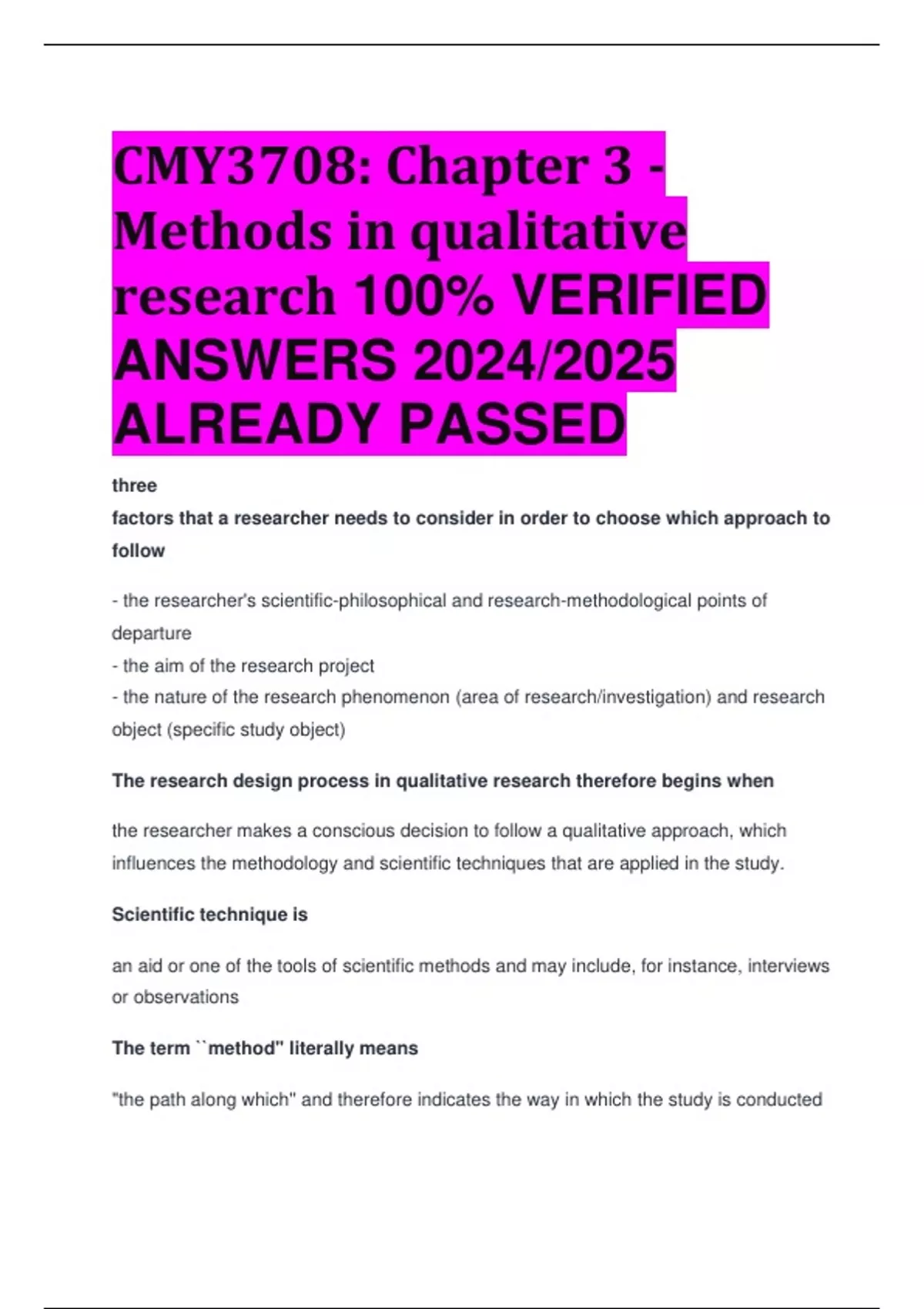 BEST ANSWERS CMY3708: Chapter 3 - Methods in qualitative research 100% ...