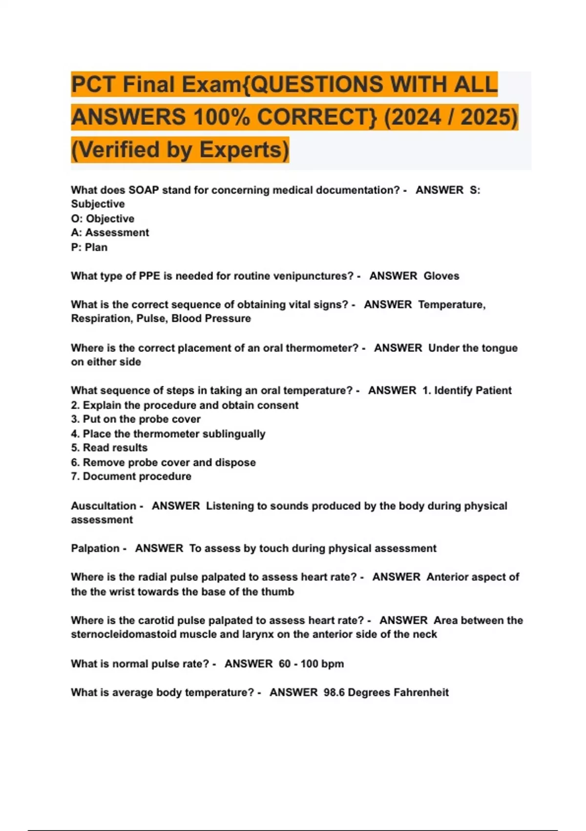 PCT Final Exam{QUESTIONS WITH ALL ANSWERS 100% CORRECT} (2024 / 2025) (Verified by Experts ...