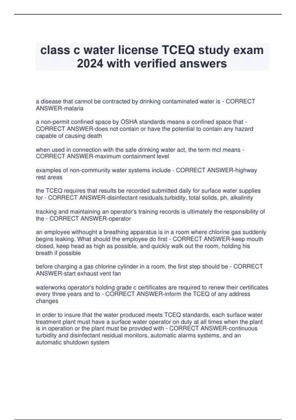 class c water license TCEQ study exam 2024 with verified answers - Tceq ...