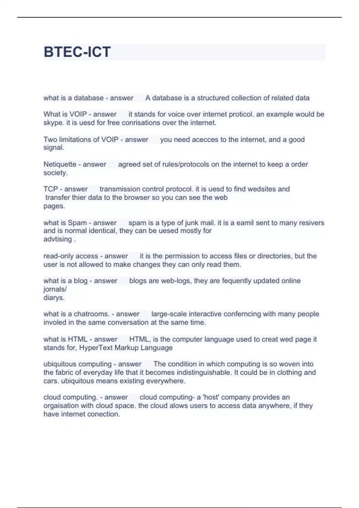 BTEC-ICT QUESTIONS WITH CORRECT ANSWERS 2024 - BTEC - Stuvia US