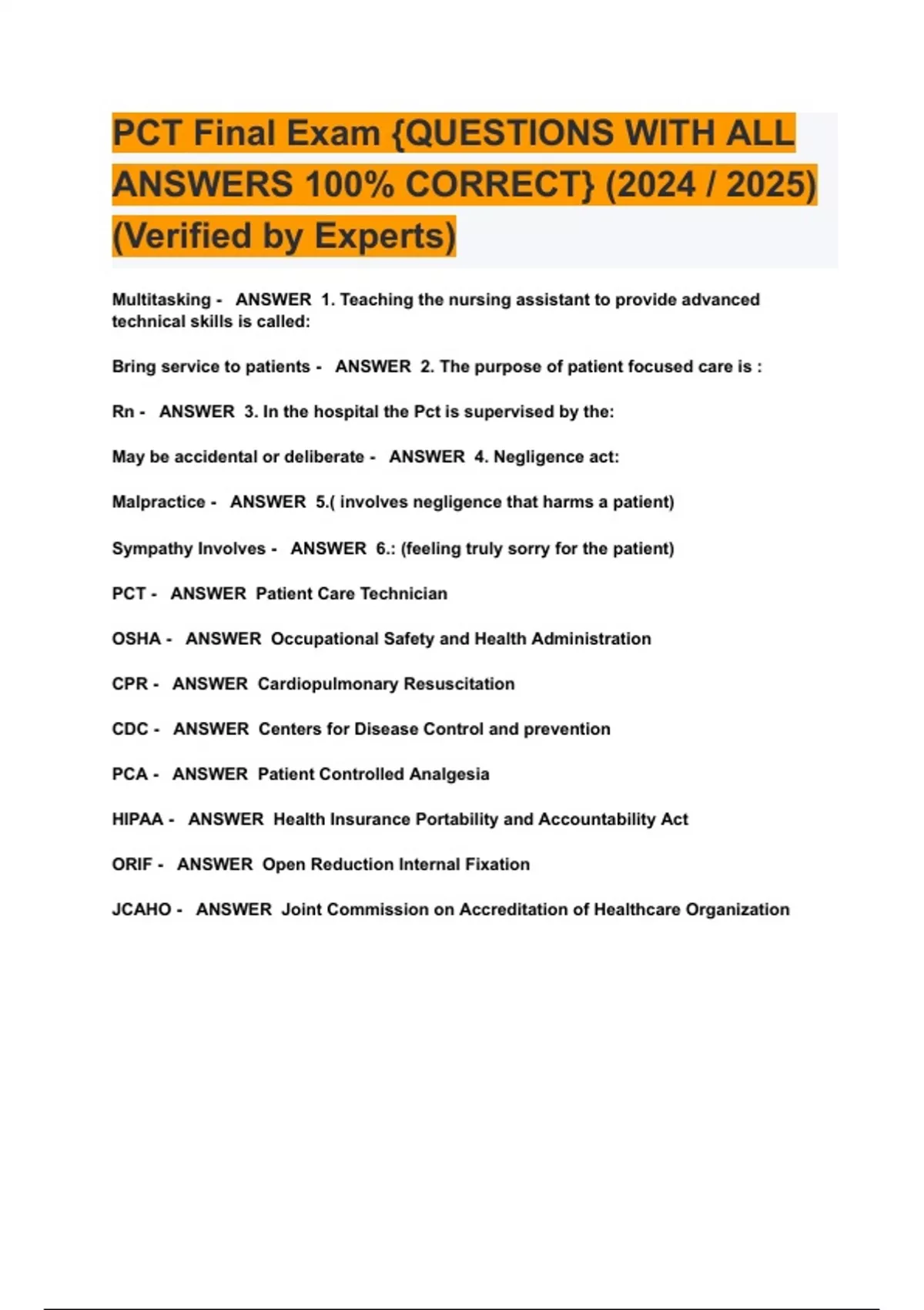 PCT Final Exam {QUESTIONS WITH ALL ANSWERS 100% CORRECT} (2024 / 2025 ...